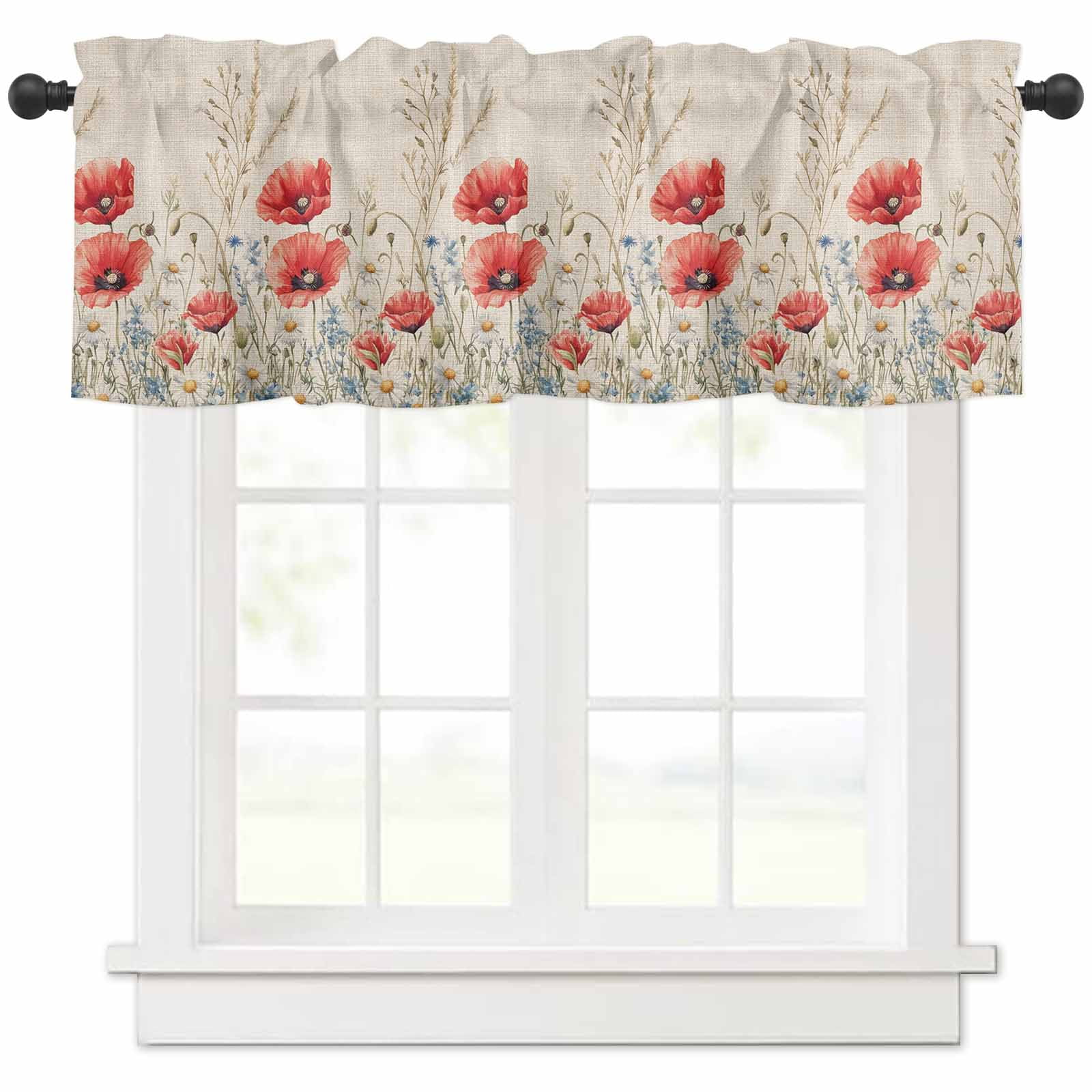 Red Poppy Flower Valances for Windows Farmhouse Kitchen Curtains ...