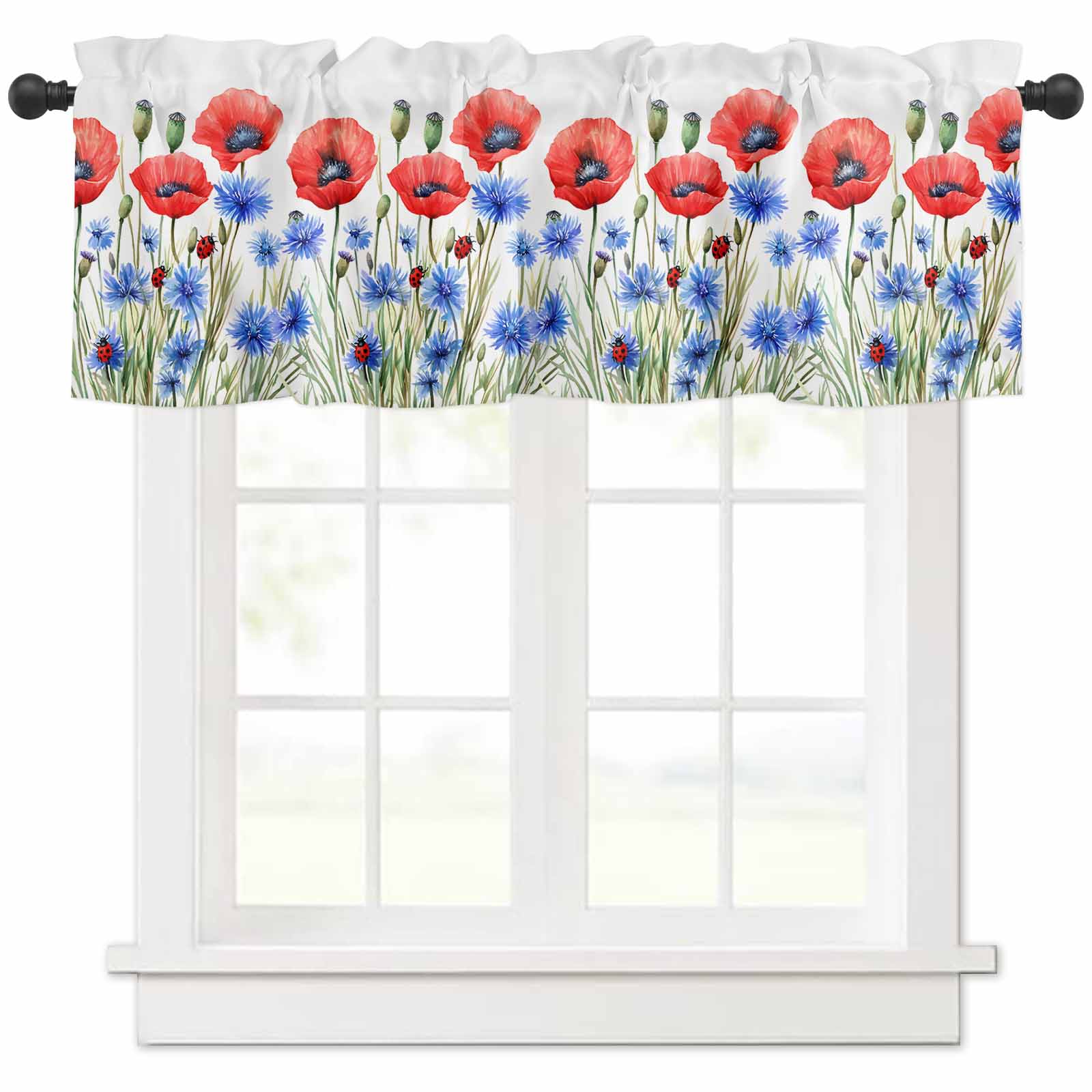 Red Poppy Flower Valances for Windows Farmhouse Kitchen Curtains ...