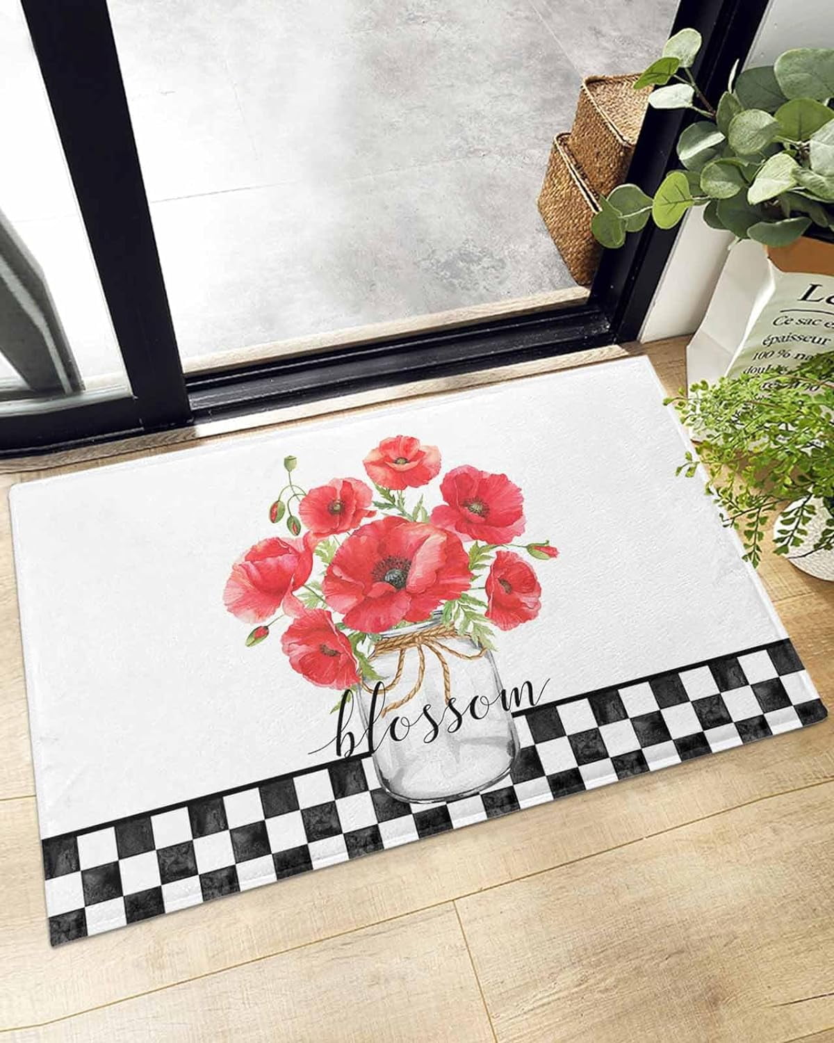 Red Poppy Flower Watercolor Floral Doormat Shaggy Plush Rug, Comfy ...