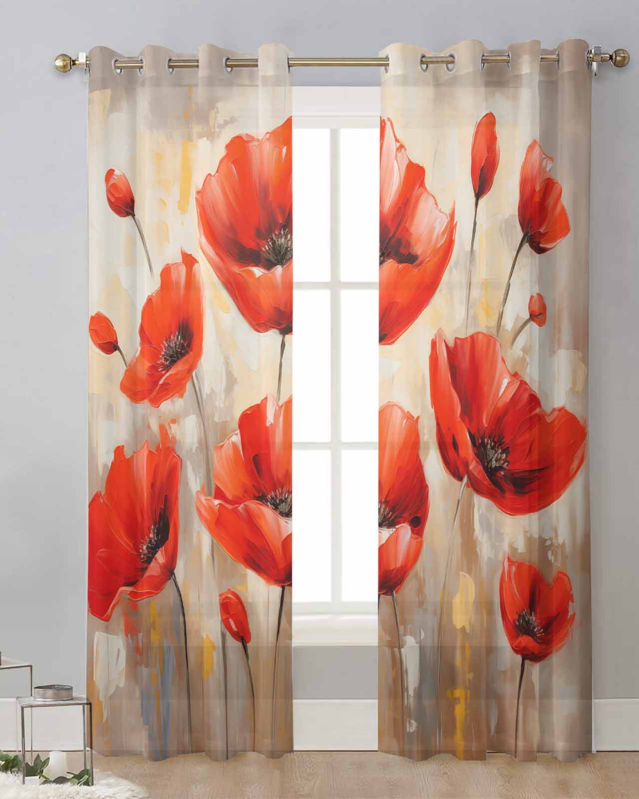 Red Poppy Flower Wood Board Sheer Curtains For Living Room Window ...