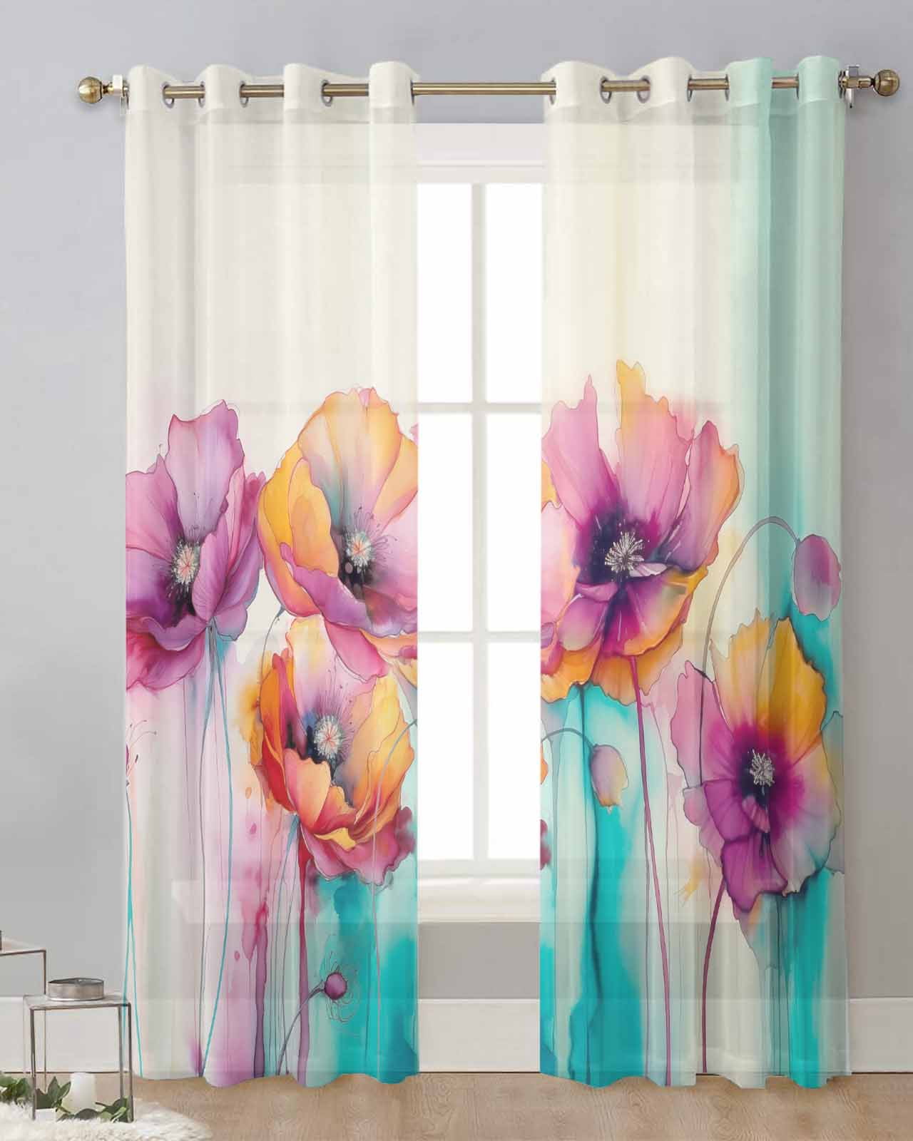 Red Poppy Flower Wood Board Sheer Curtains For Living Room Window ...