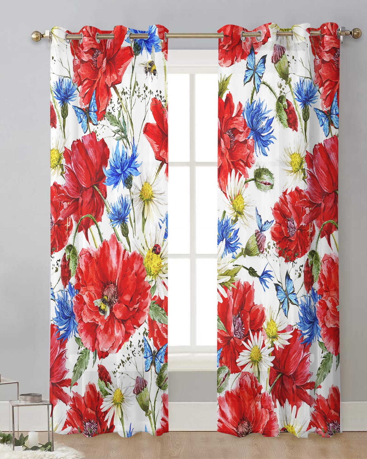 Red Poppy Flower Wood Board Sheer Curtains For Living Room Window ...