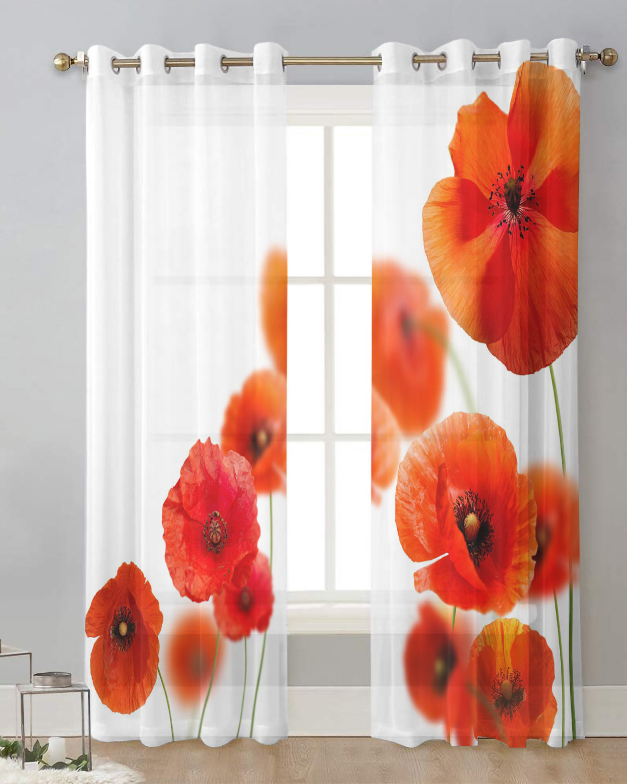 Red Poppy Flower Wood Board Sheer Curtains For Living Room Window ...