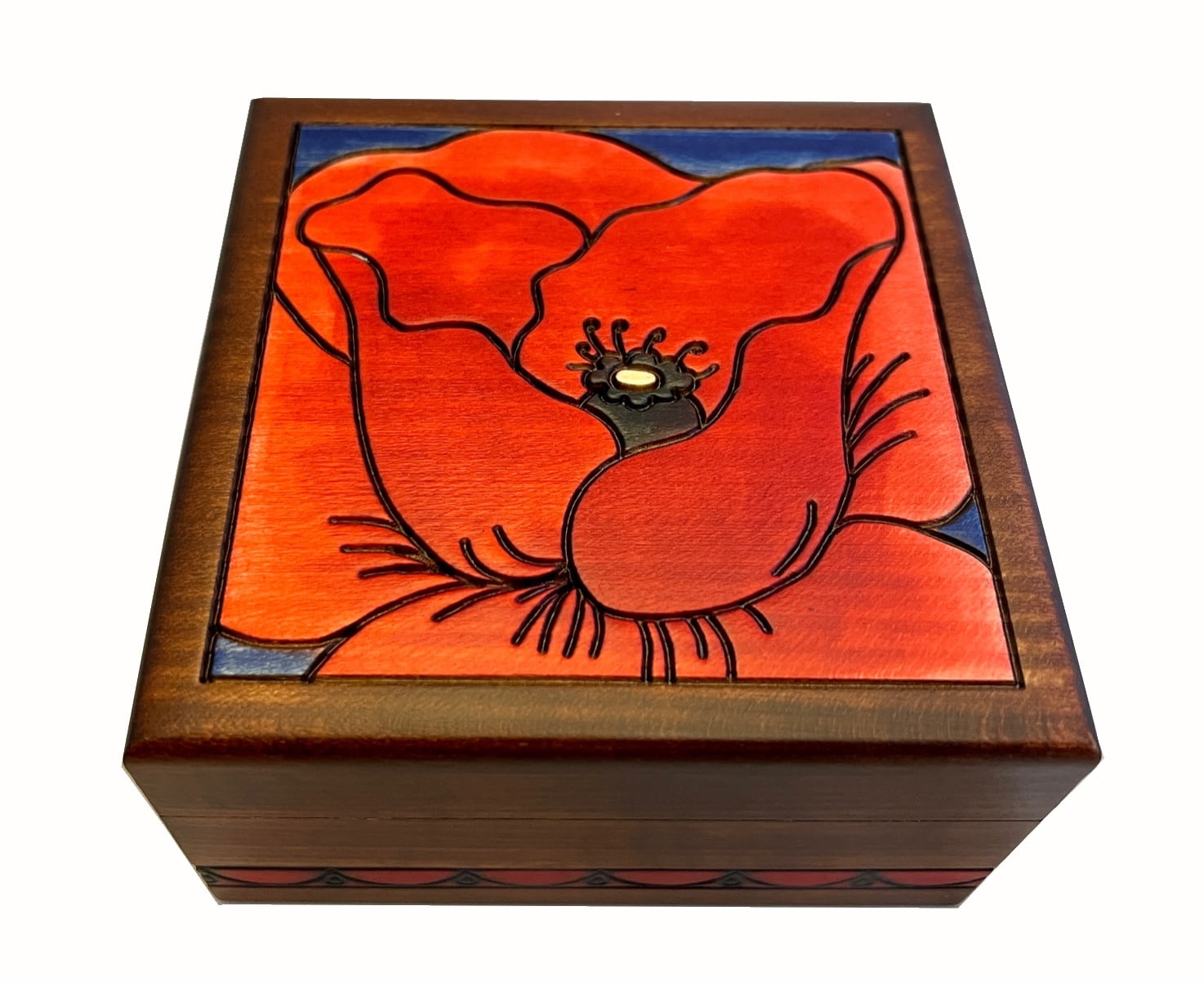 Handmade Red Poppy Flower Linden Wood Box, Decorative Keepsake with ...