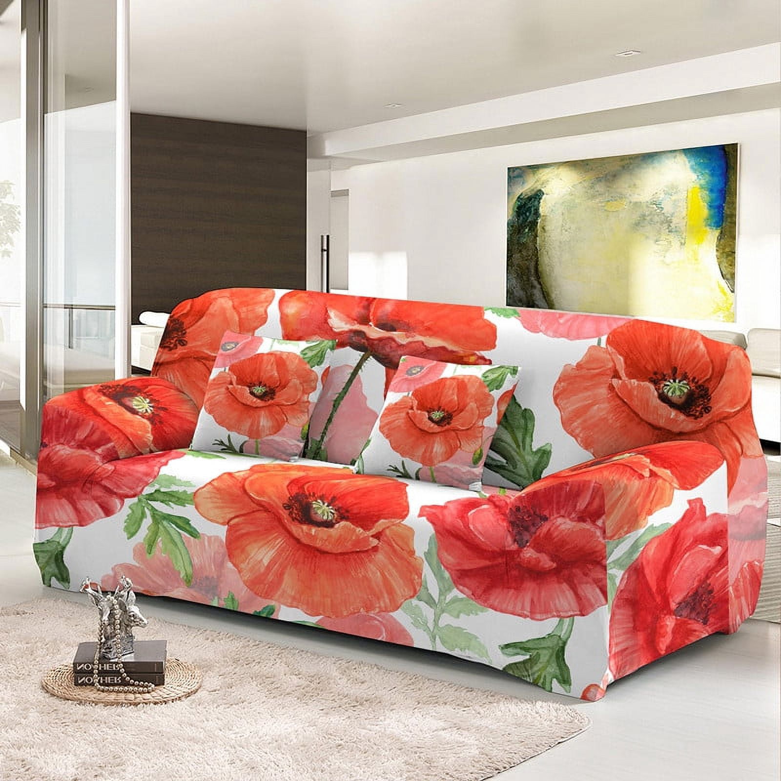 Red Poppy Flowers Dust Proof Elastic Sofa Covers For Living Room ...