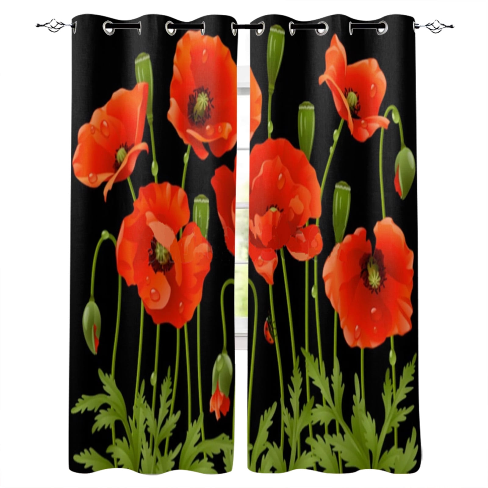 Red Poppy Flowers Window Curtains Home r Kitchen Draperies Curtains for ...
