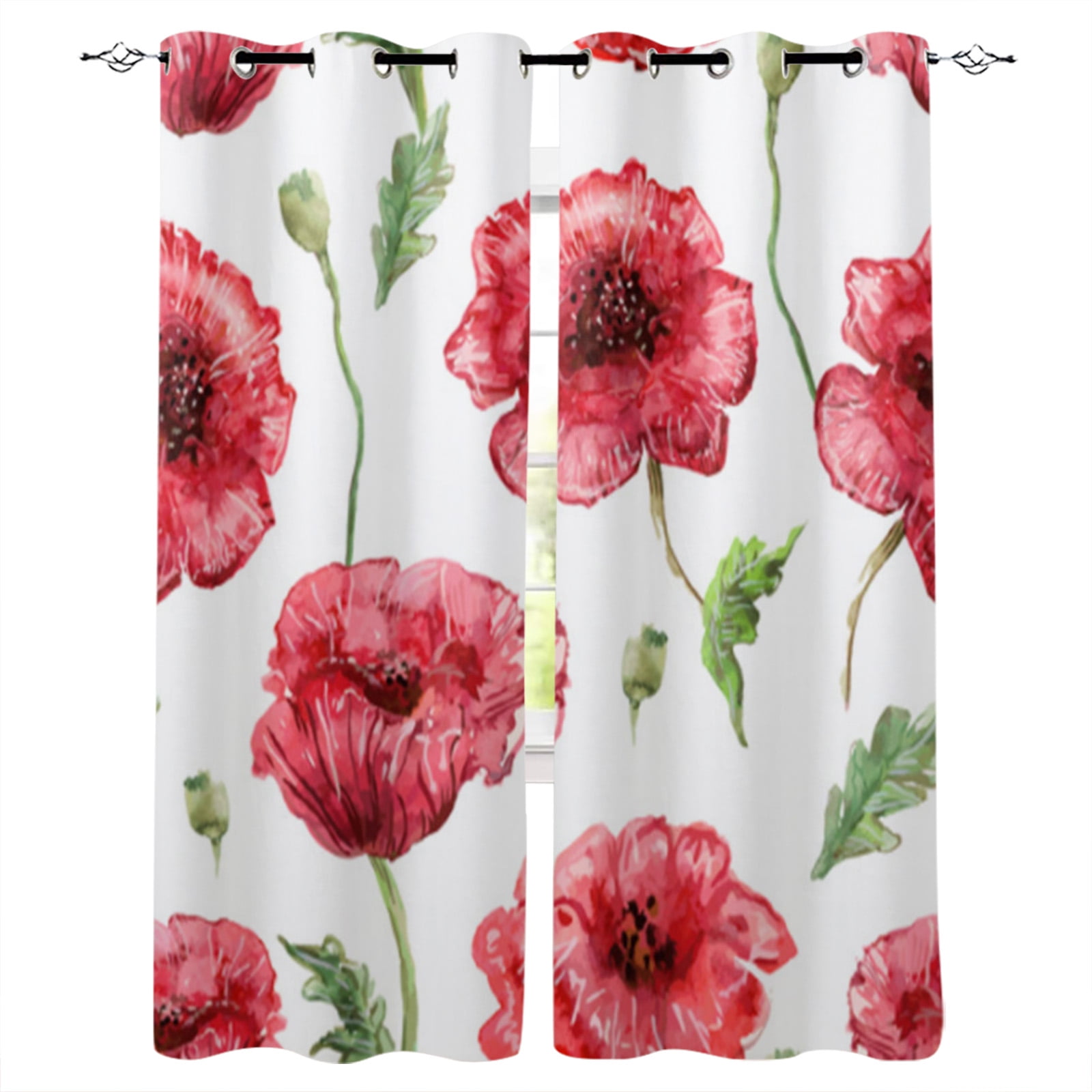 Red Poppy Flowers Window Curtains Home r Kitchen Draperies Curtains for ...