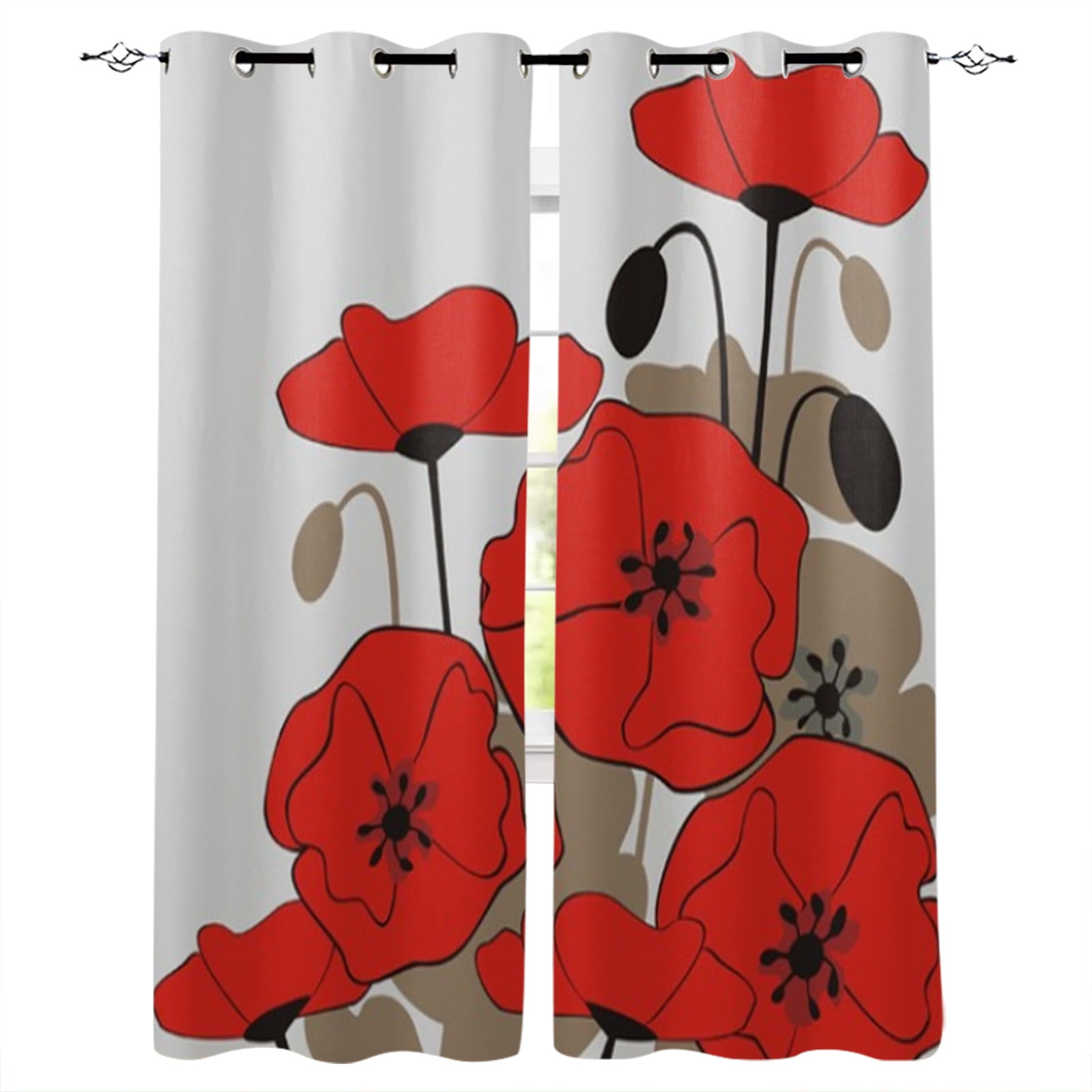 Red Poppy Flowers Window Curtains Home r Kitchen Draperies Curtains for ...