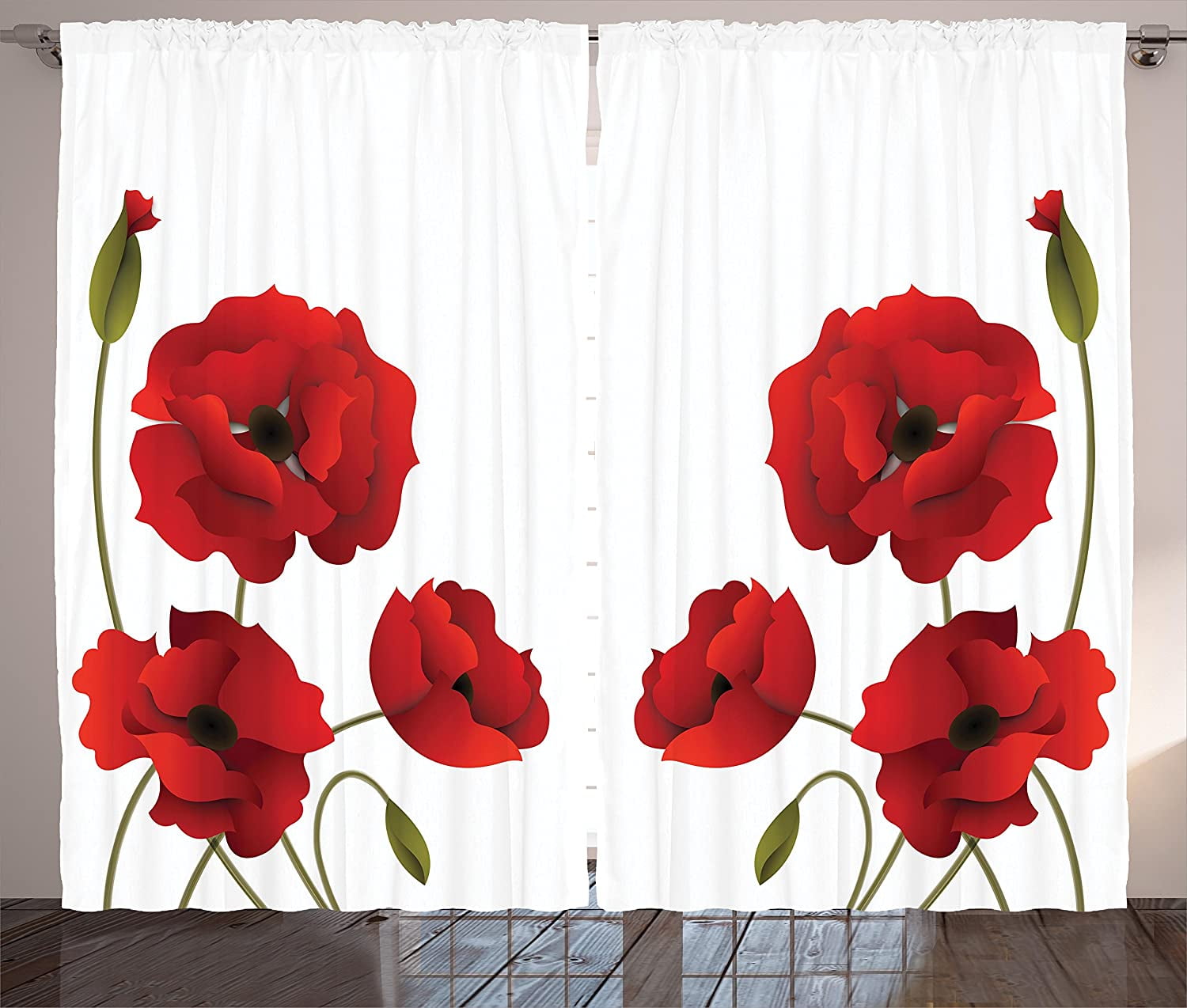 Red Poppy Flowers Window Curtains Home r Kitchen Draperies Curtains for ...