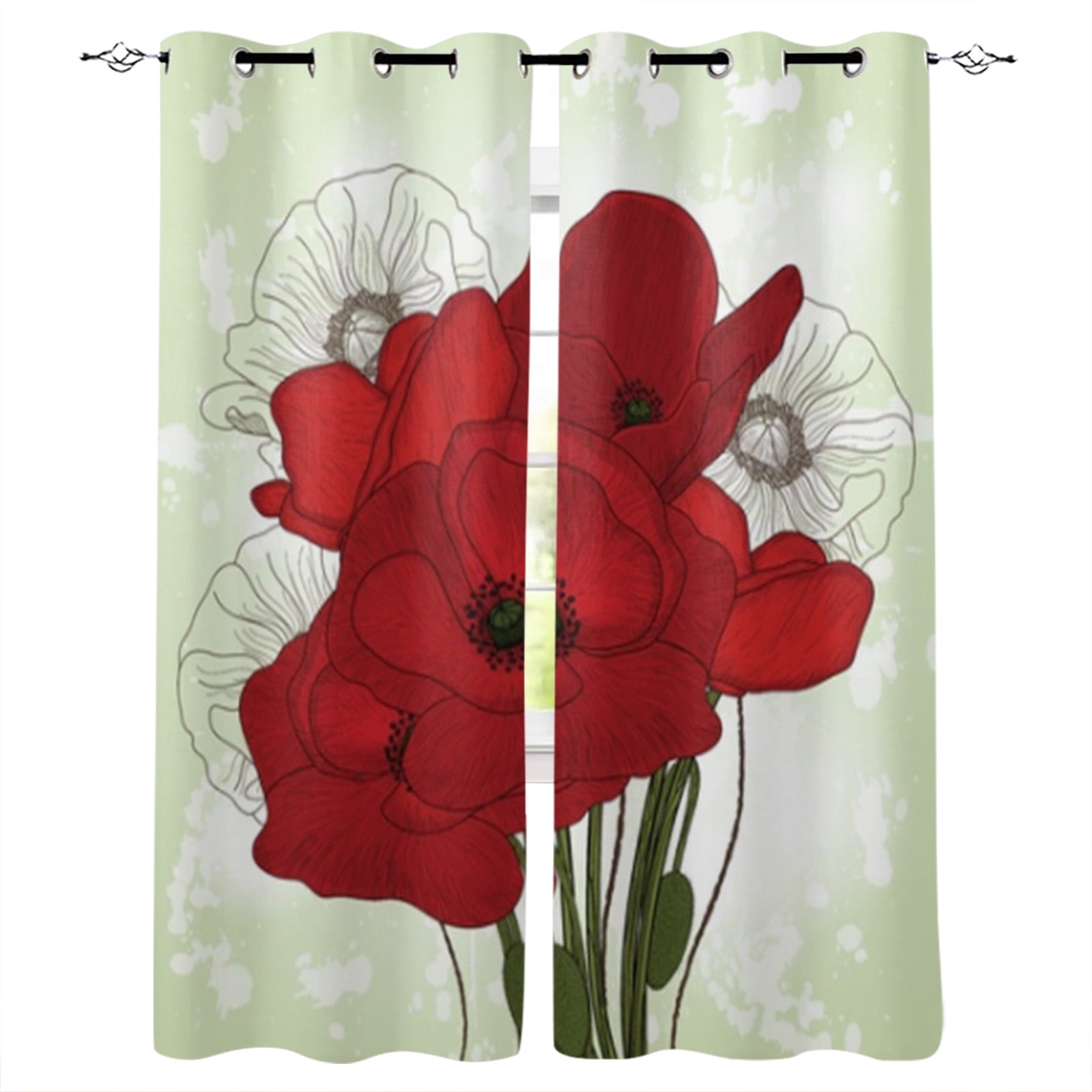 Red Poppy Flowers Window Curtains Home r Kitchen Draperies Curtains for ...