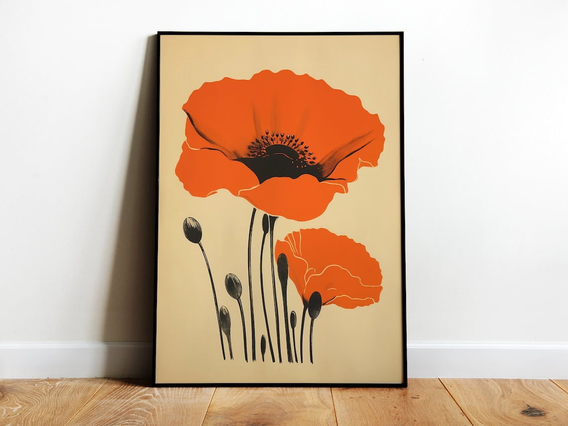 Red Poppy Poster Vintage Poppies Art Retro Print Botanical Poster Poppy ...
