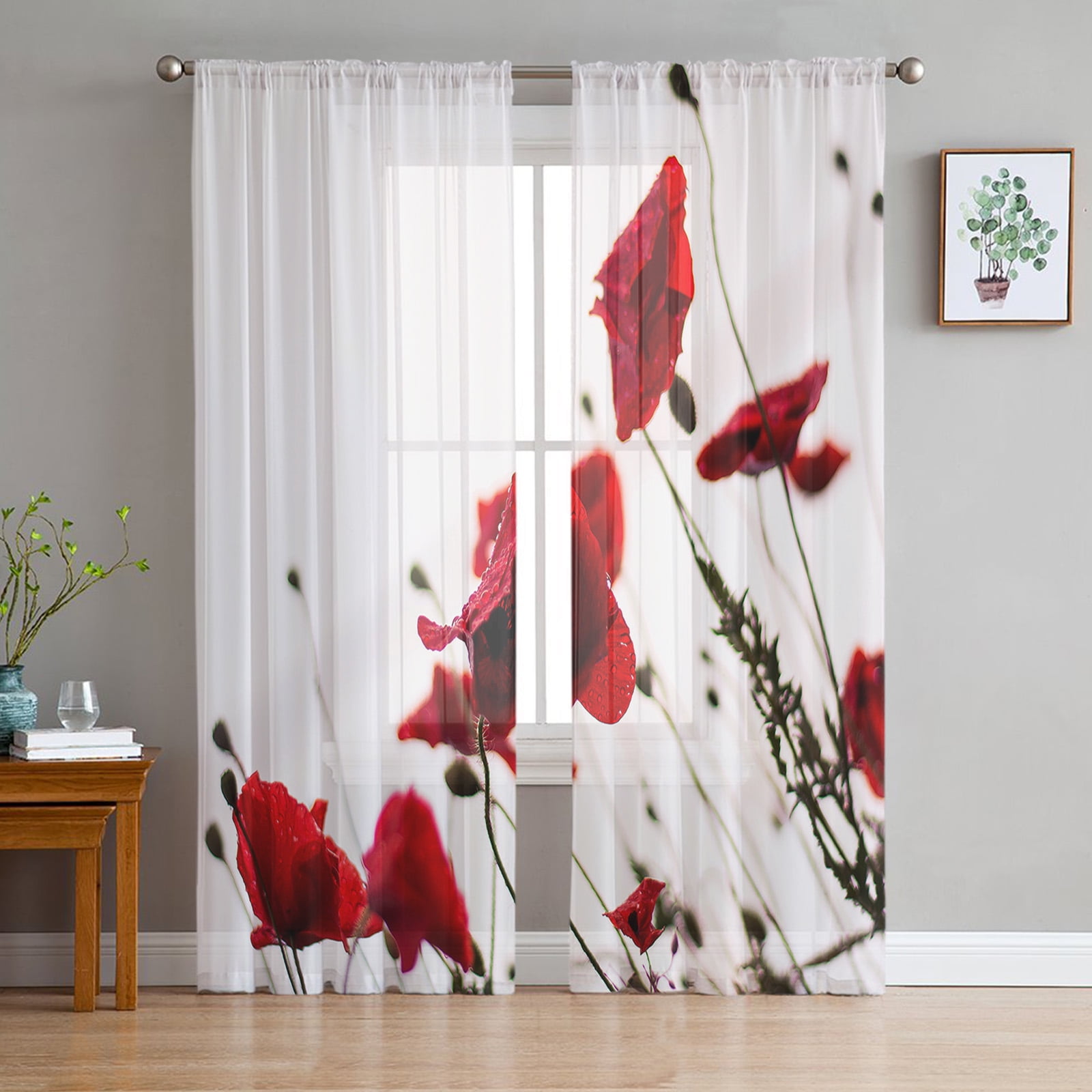 Red Poppy Red Flower Sheer Curtain for Living Room Bedroom Voile Drape ...