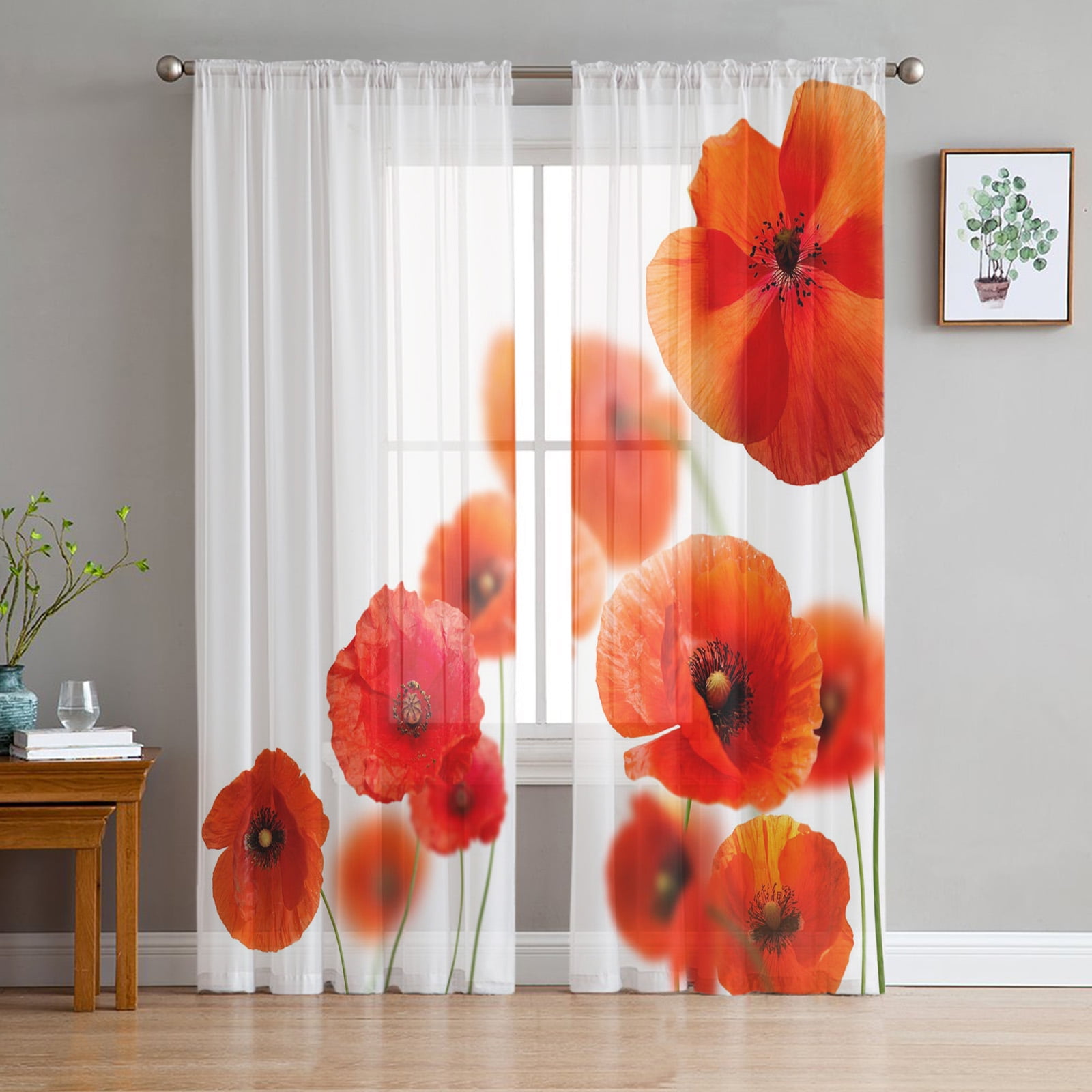 Red Poppy Red Flower Sheer Curtain for Living Room Bedroom Voile Drape ...