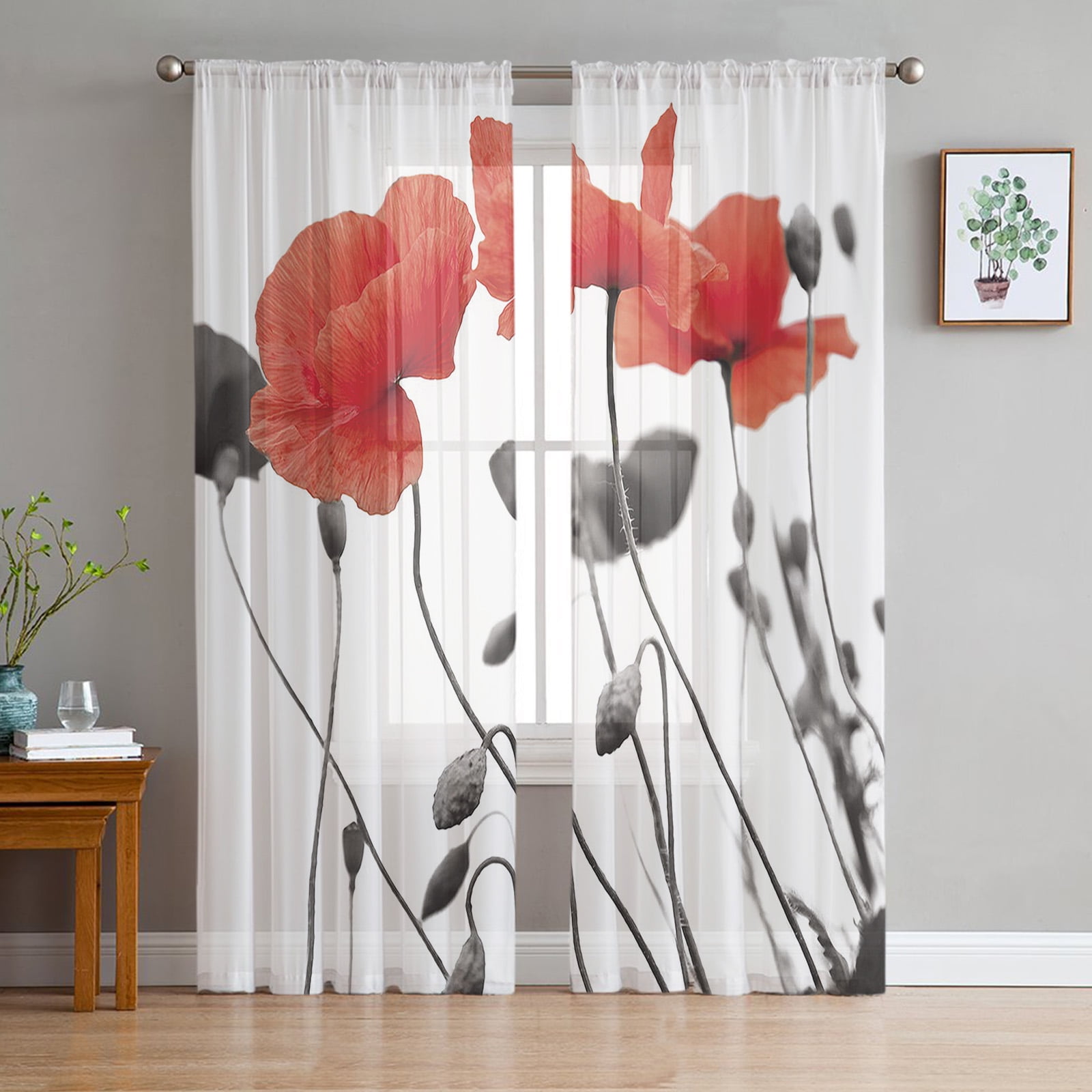 Red Poppy Red Flower Sheer Curtain for Living Room Bedroom Voile Drape ...