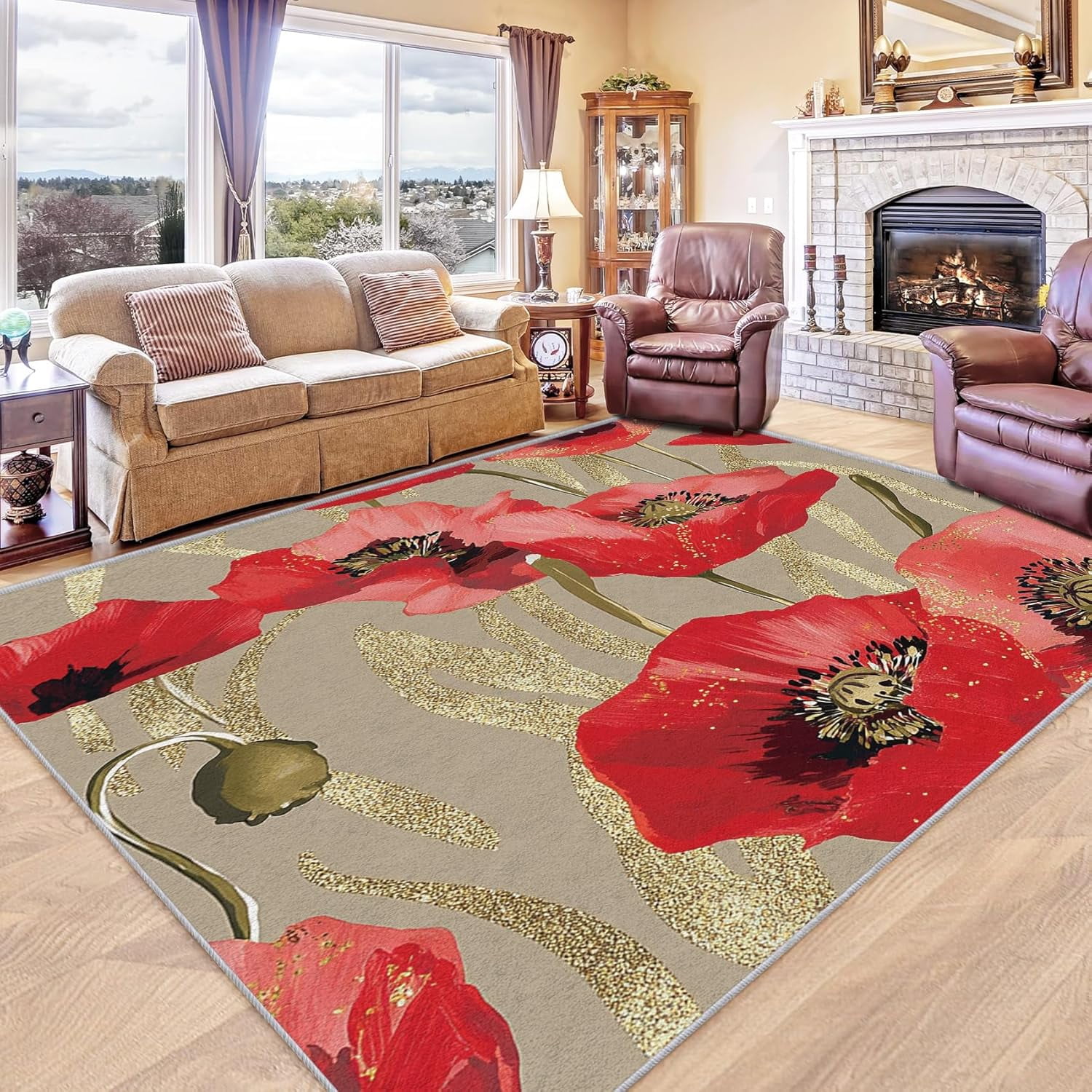 Red Poppy Rug Non Slip Backing Floor Carpet Washable Floral Rugs For ...