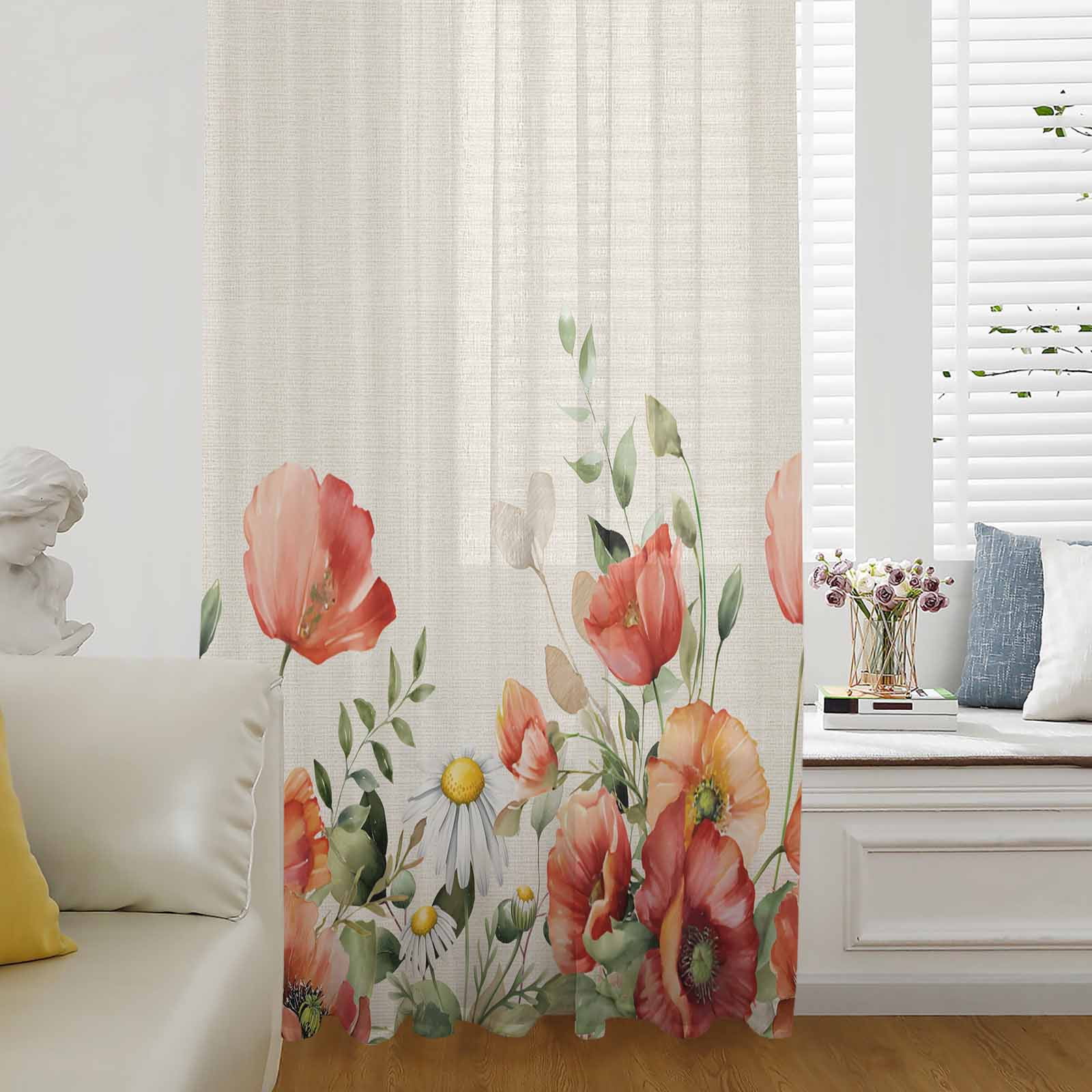 Red Poppy Semi Sheer Curtains Drapes for Living Room,Bedroom,French ...