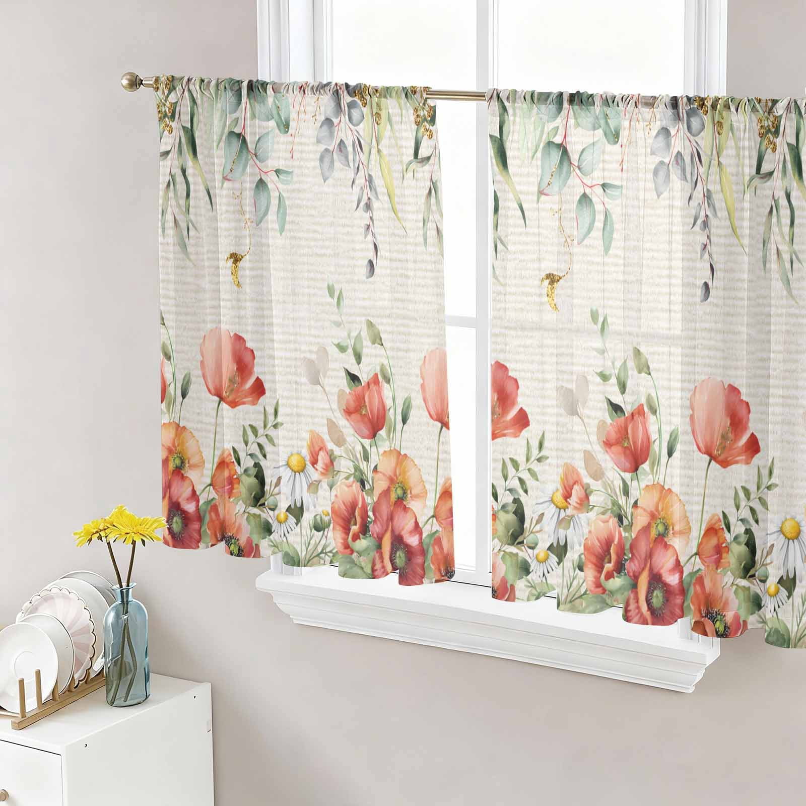 Red Poppy Sheer Curtains 45 Inch Length 2 Panels Set Window Treatments ...