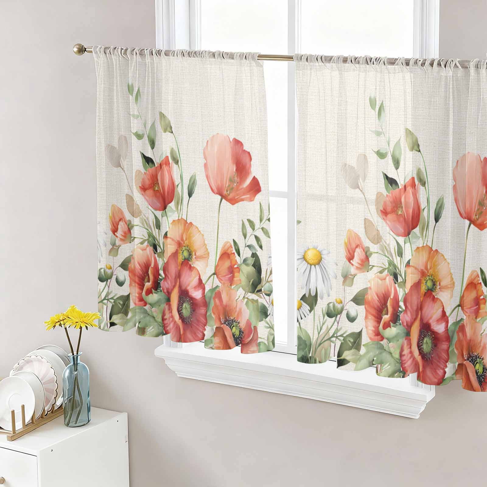 Red Poppy Sheer Curtains 45 Inch Length 2 Panels Set Window Treatments ...