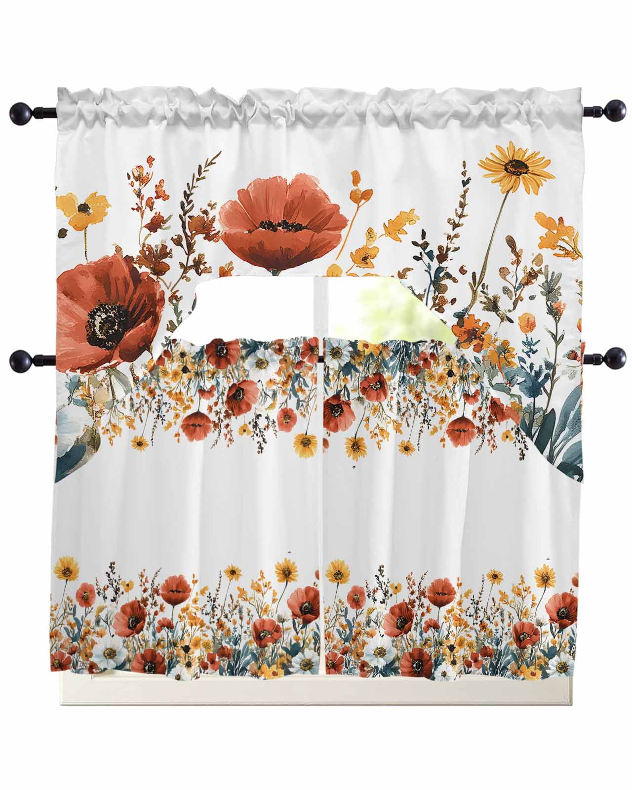 Red Poppy Sunflowers Kitchen Curtains Swag Valance and Tier Curtains ...