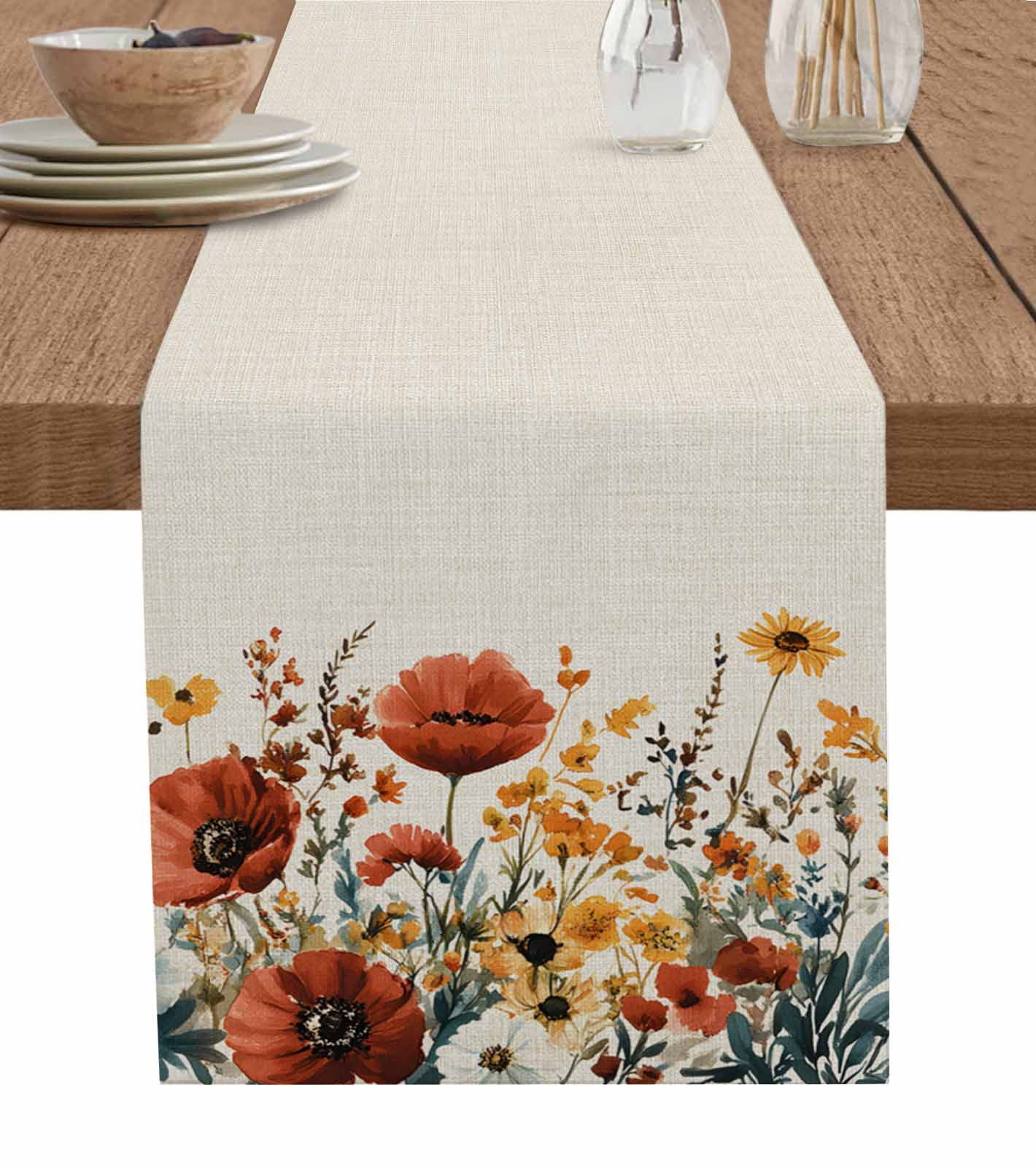 Red Poppy Sunflowers Table Runner 72 Inches, Spring Floral Farmhouse ...
