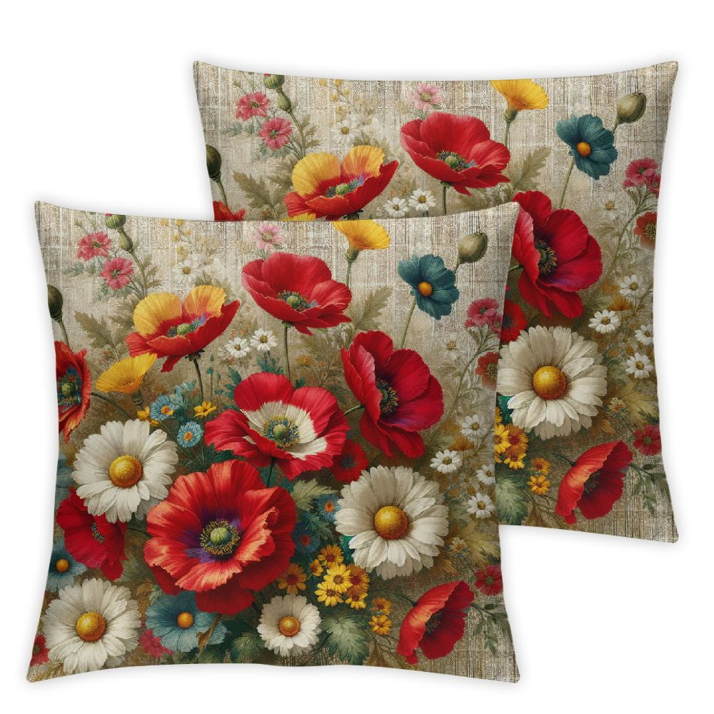 Red Poppy Throw Pillow Covers Romantic Garden Flowers Red Poppies with ...