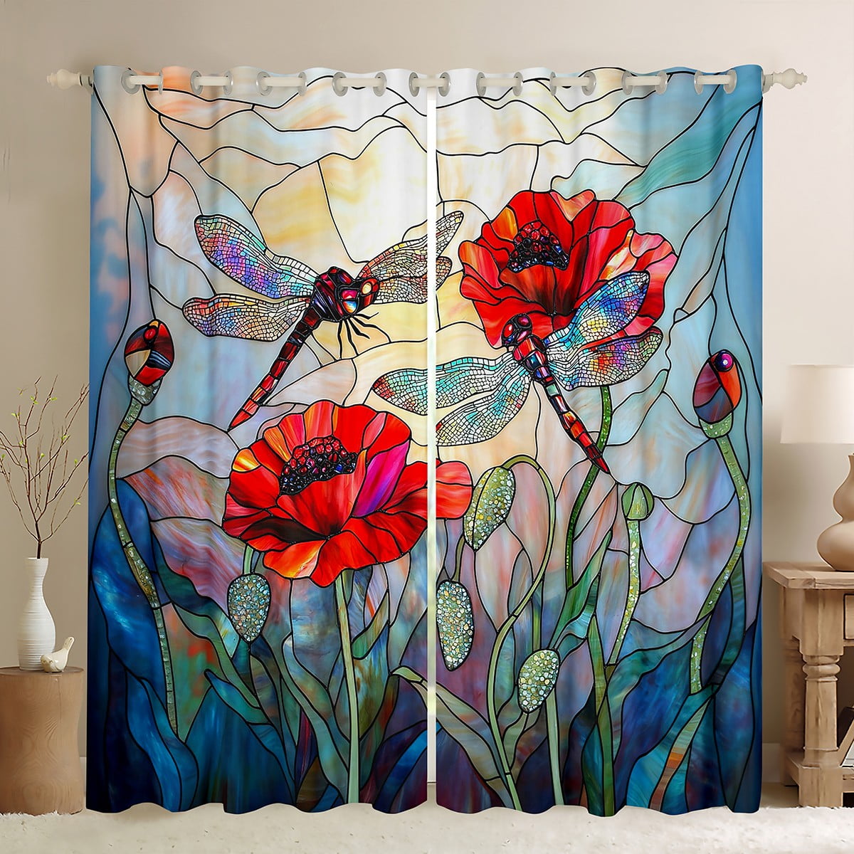 Red Poppy Window Curtain Set of 2 Panels,Rustic Garden Red Flowers ...