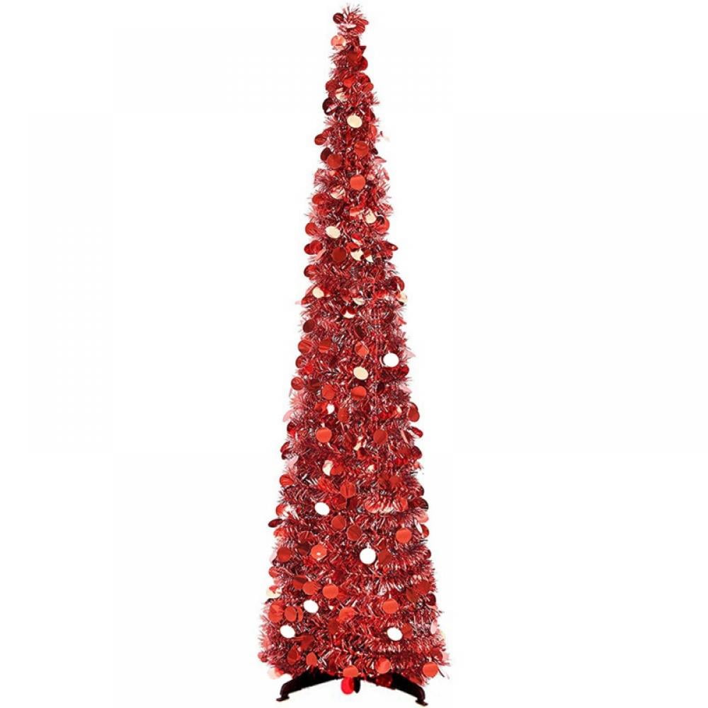 Red Popup Christmas Tinsel Tree, 5ft Collapsible Christmas Tinsel Tree ...