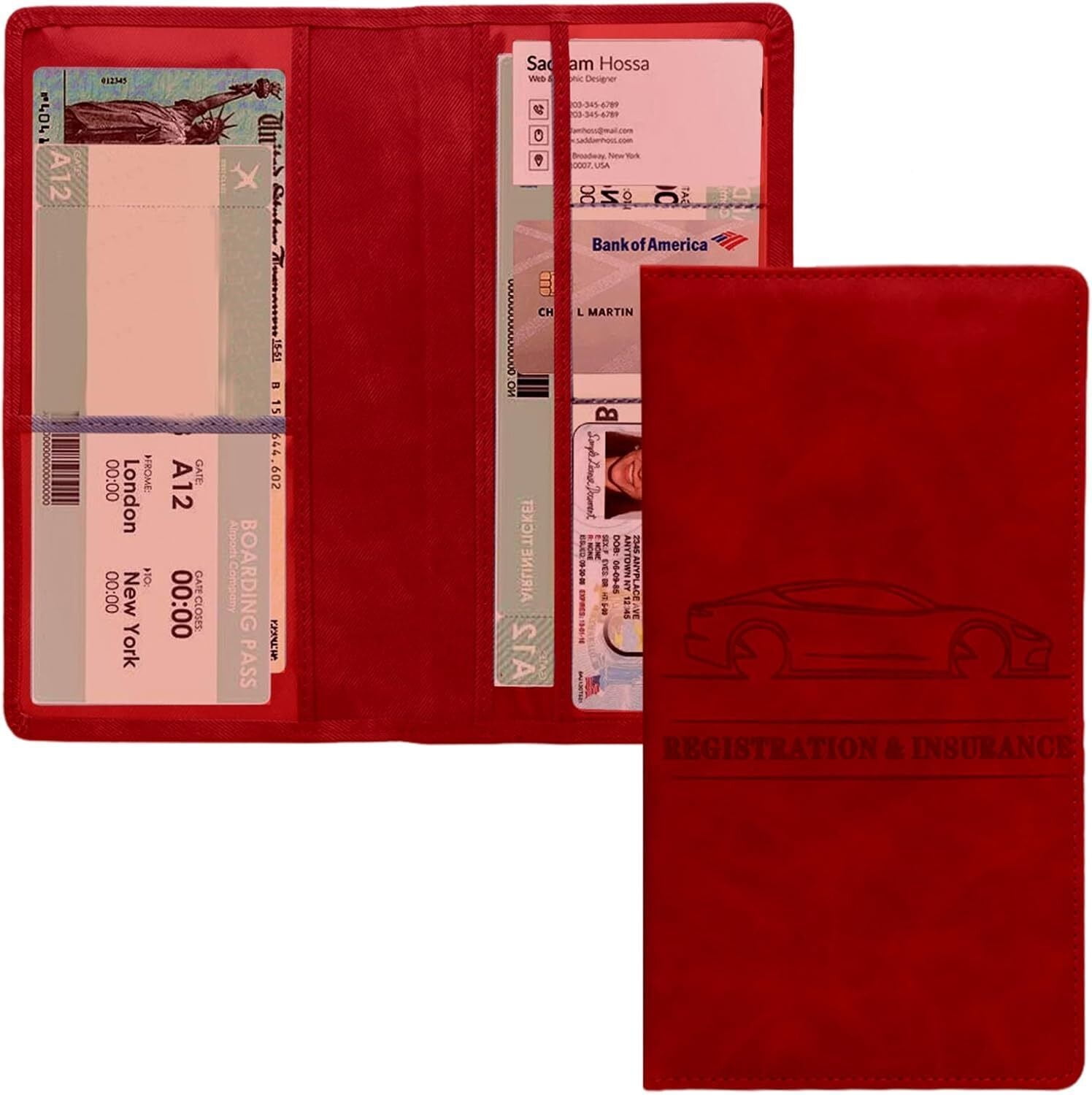 Red Premium Leather Car Document Holder - Organizer for Registration ...