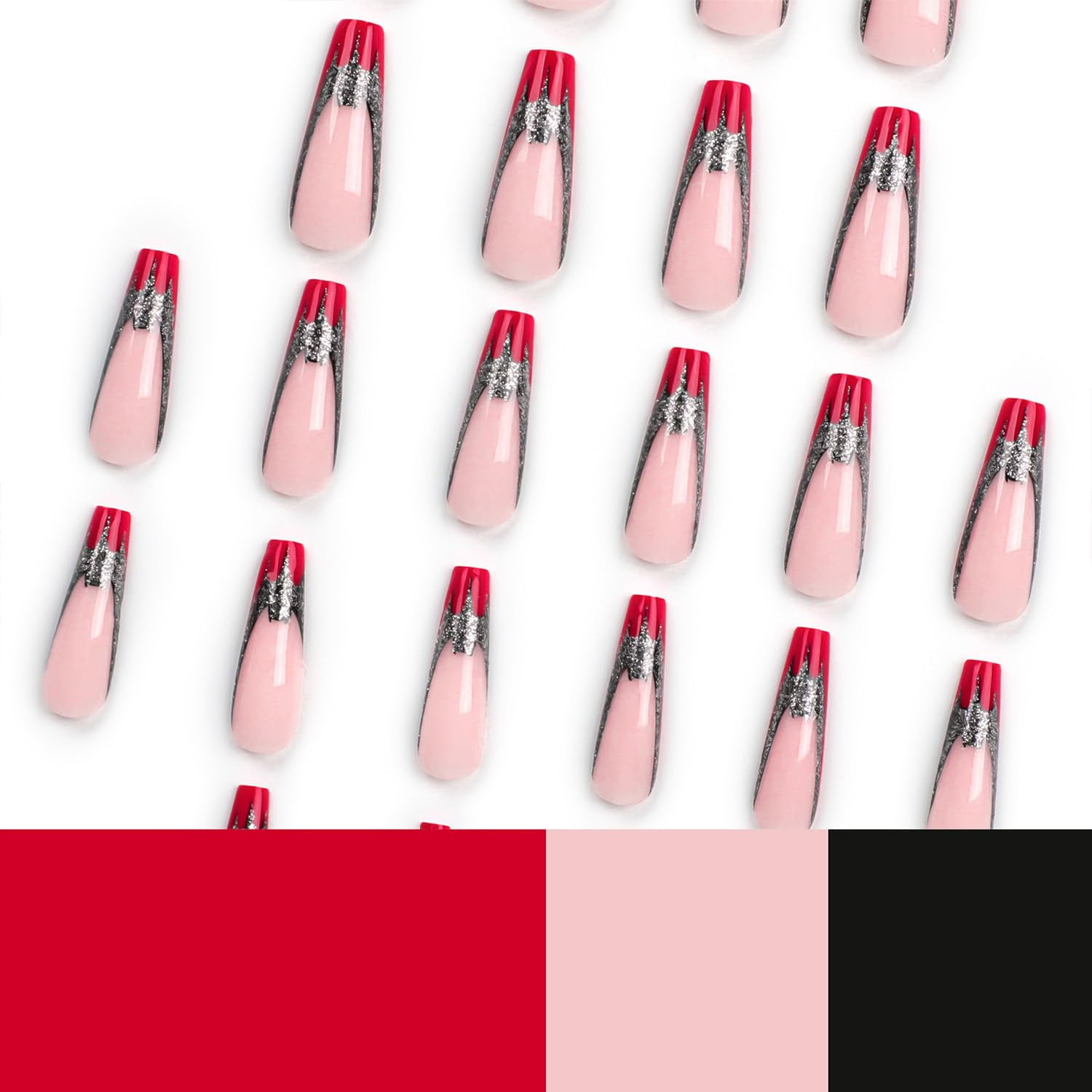 Red Press on Nails Coffin Long French Tips Glossy Full Cover Acrylic ...