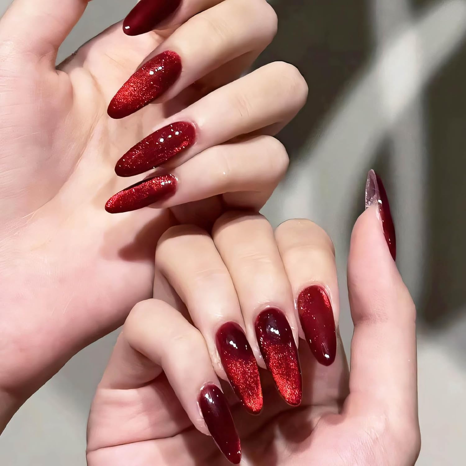 Red Press On Nails Long Almond Press Ons Dark Red Fake Nails Stiletto ...