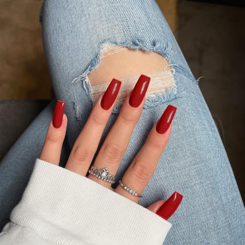 Red Press On Nails Medium Long Square,Xcreando Medium Glue on Nails ...