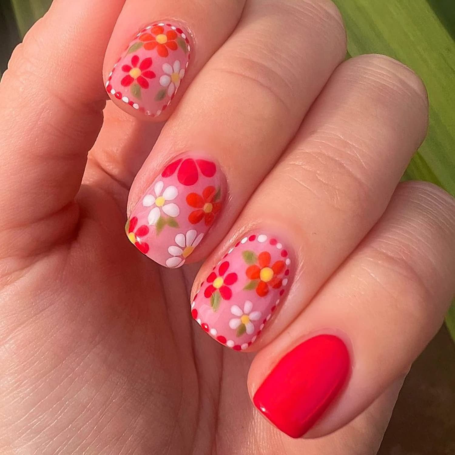 Red Press on Nails Short Flower Fake Nails Summer Acrylic Nails Full ...