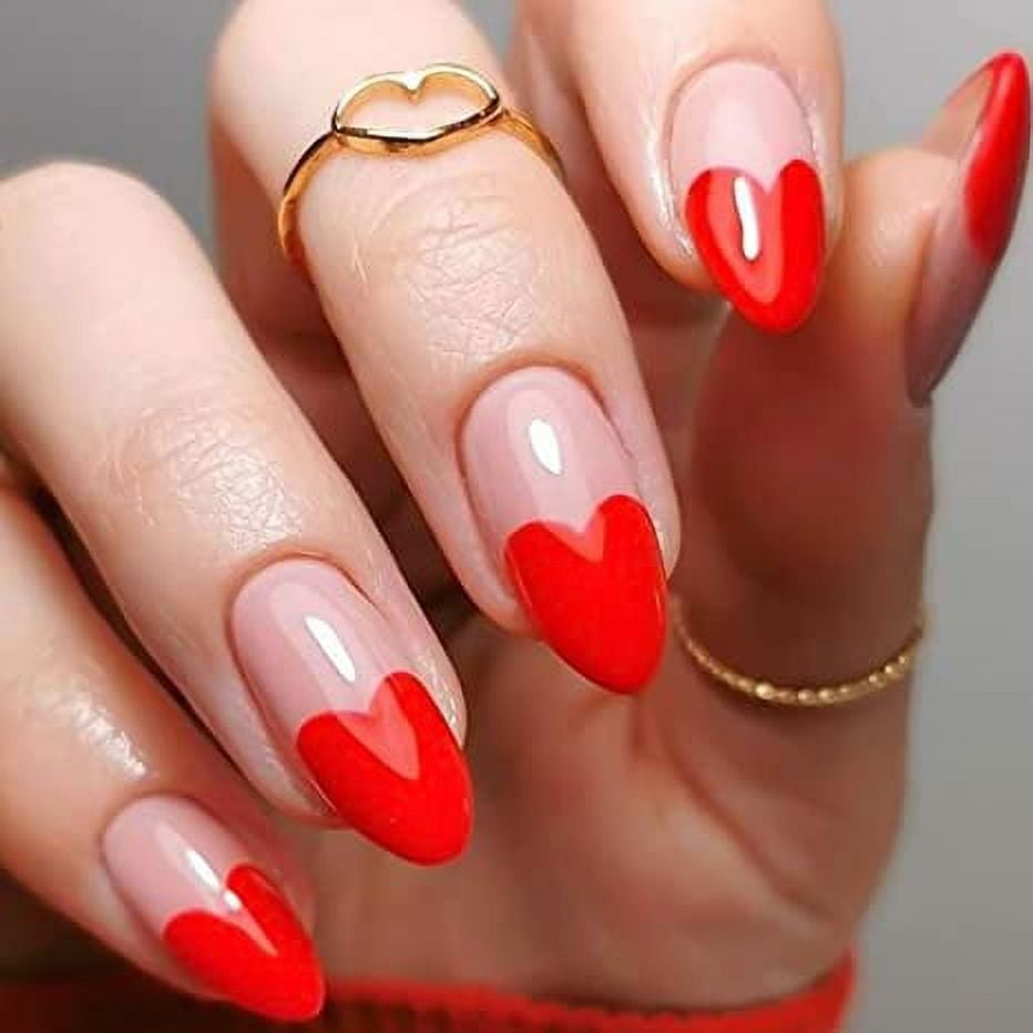 Red Press on Nails Short Round Fake Nails with Heart Designs French Tip ...