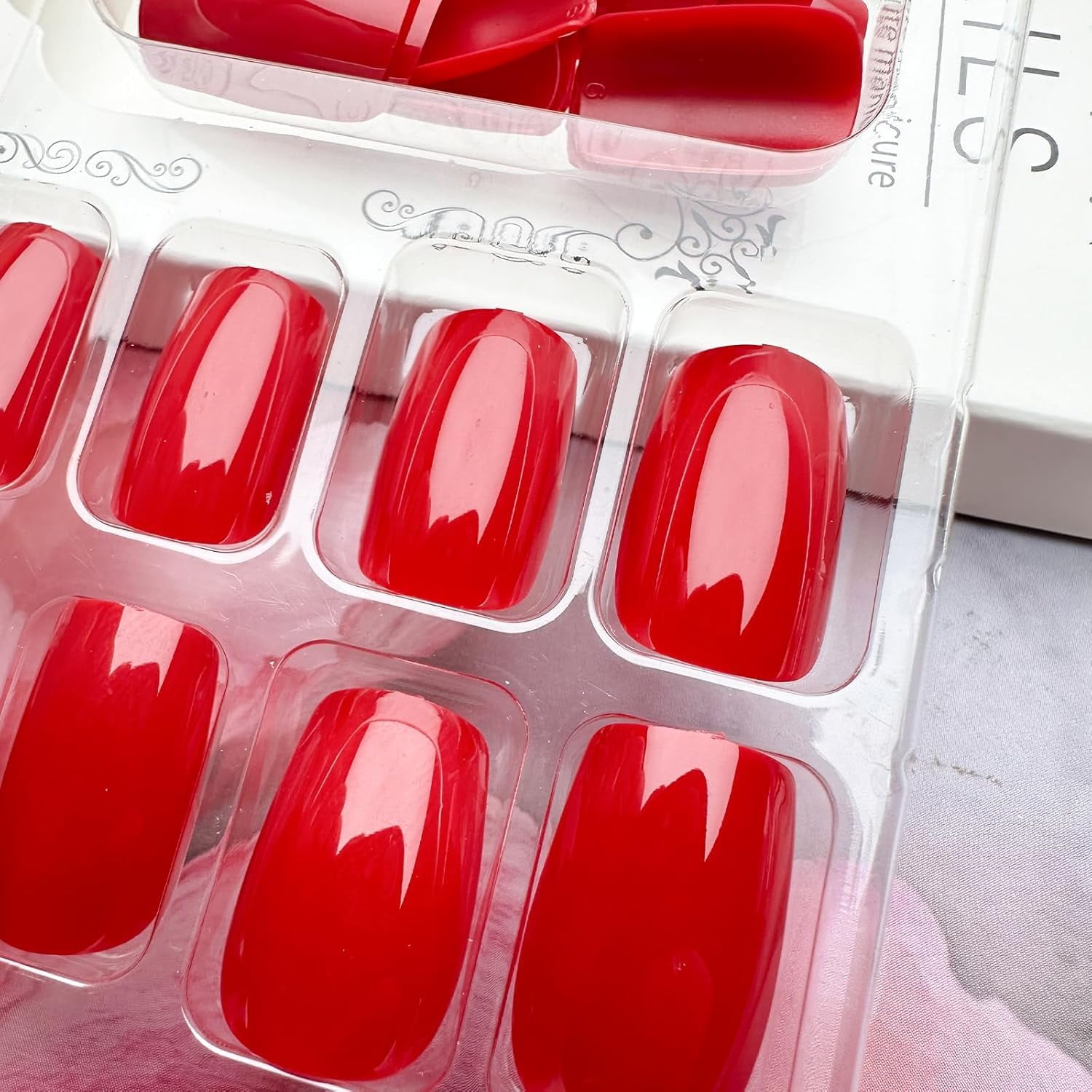 Red Press on Nails Short Square Fake Nails Glossy Red Solid Color False ...