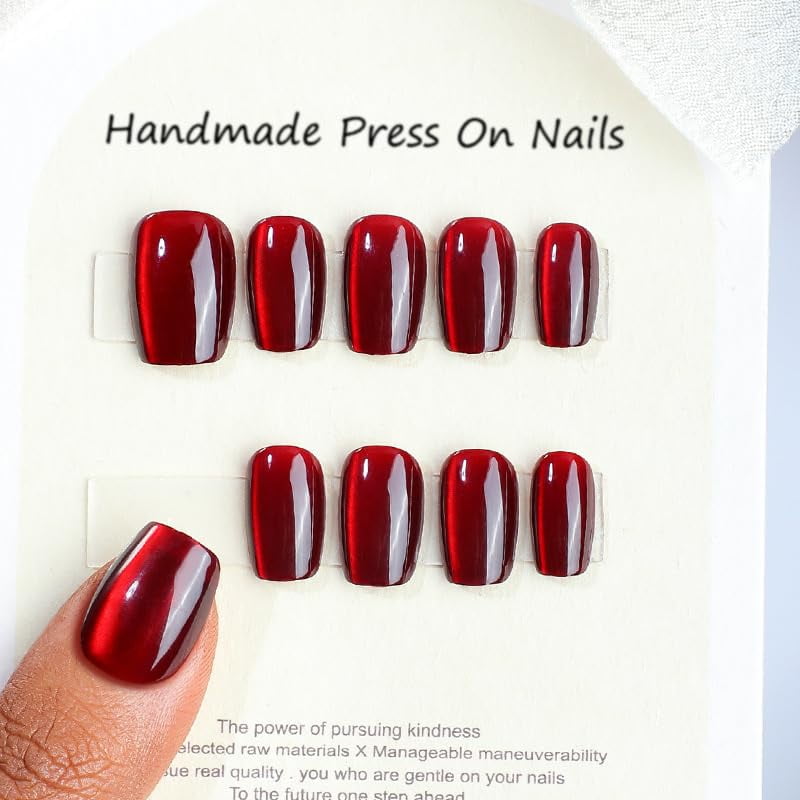 Red Press on Nails Short Square Fake Nails Glossy Shiny Acrylic Nails ...