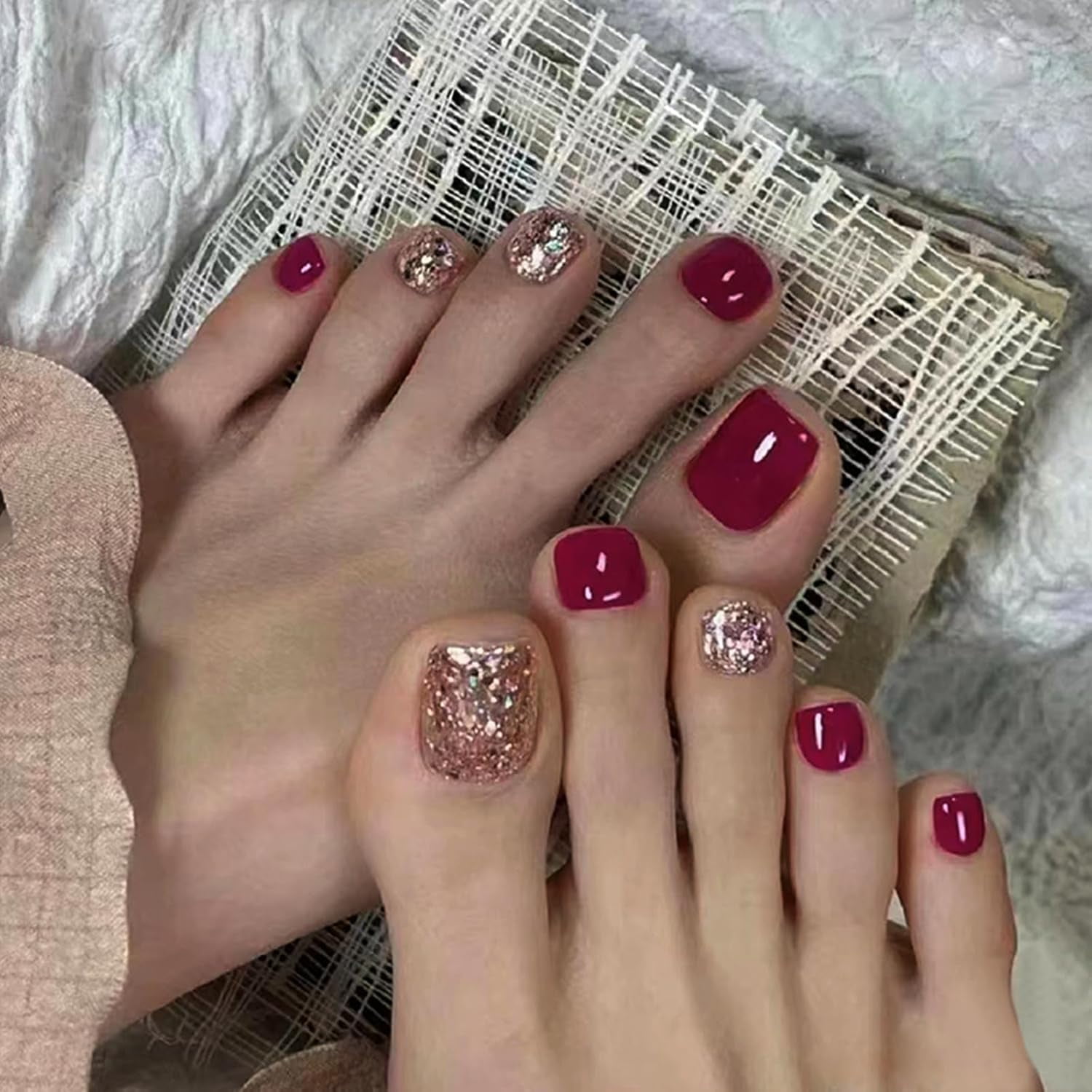 Red Press on Toenails Short Square Fake ToenailsPink Glitter Design ...
