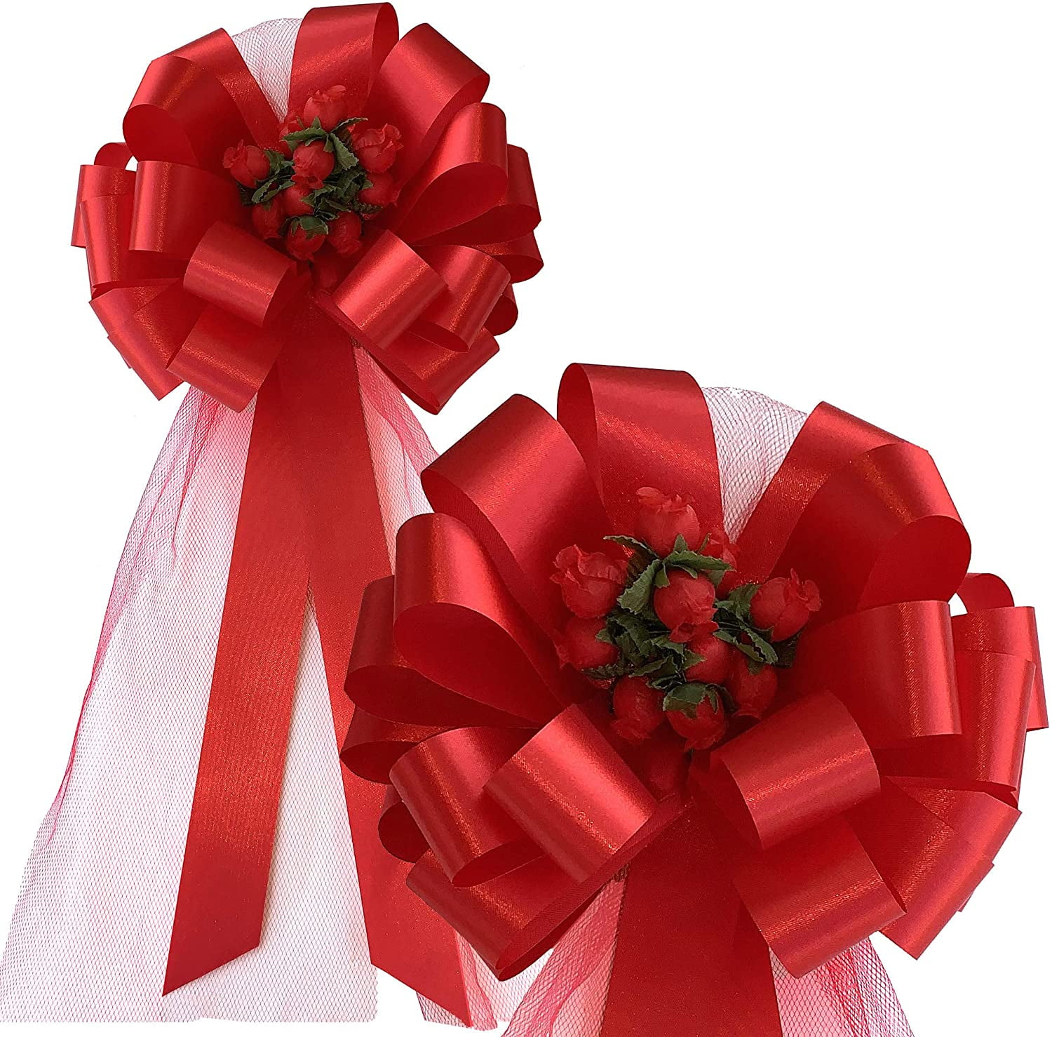 Red Pull Bows with Tulle Tails and Rosebuds - 8" Wide, Set of 6 ...