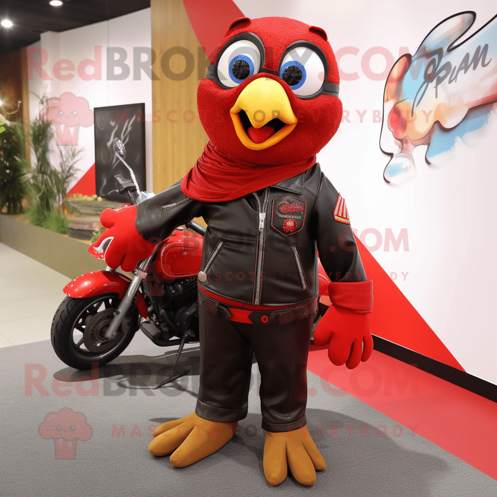Red Quail REDBROKOLY mascot costume character dressed with a Biker ...