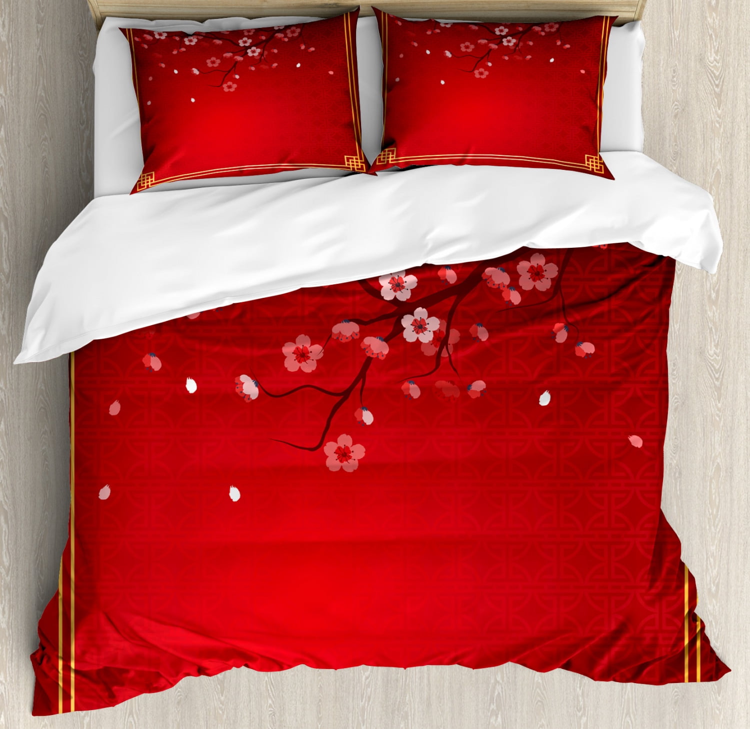 Red Queen Size Duvet Cover Set, Flowering Branch of a Cherry Tree in ...