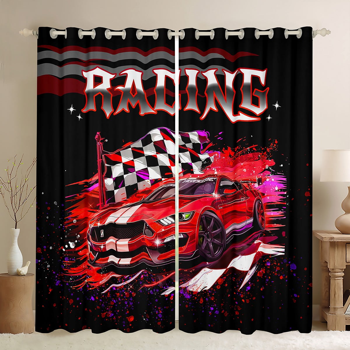 Red Race Car Kids Blackout Curtains 42"Wx63"L Racing Car Window ...
