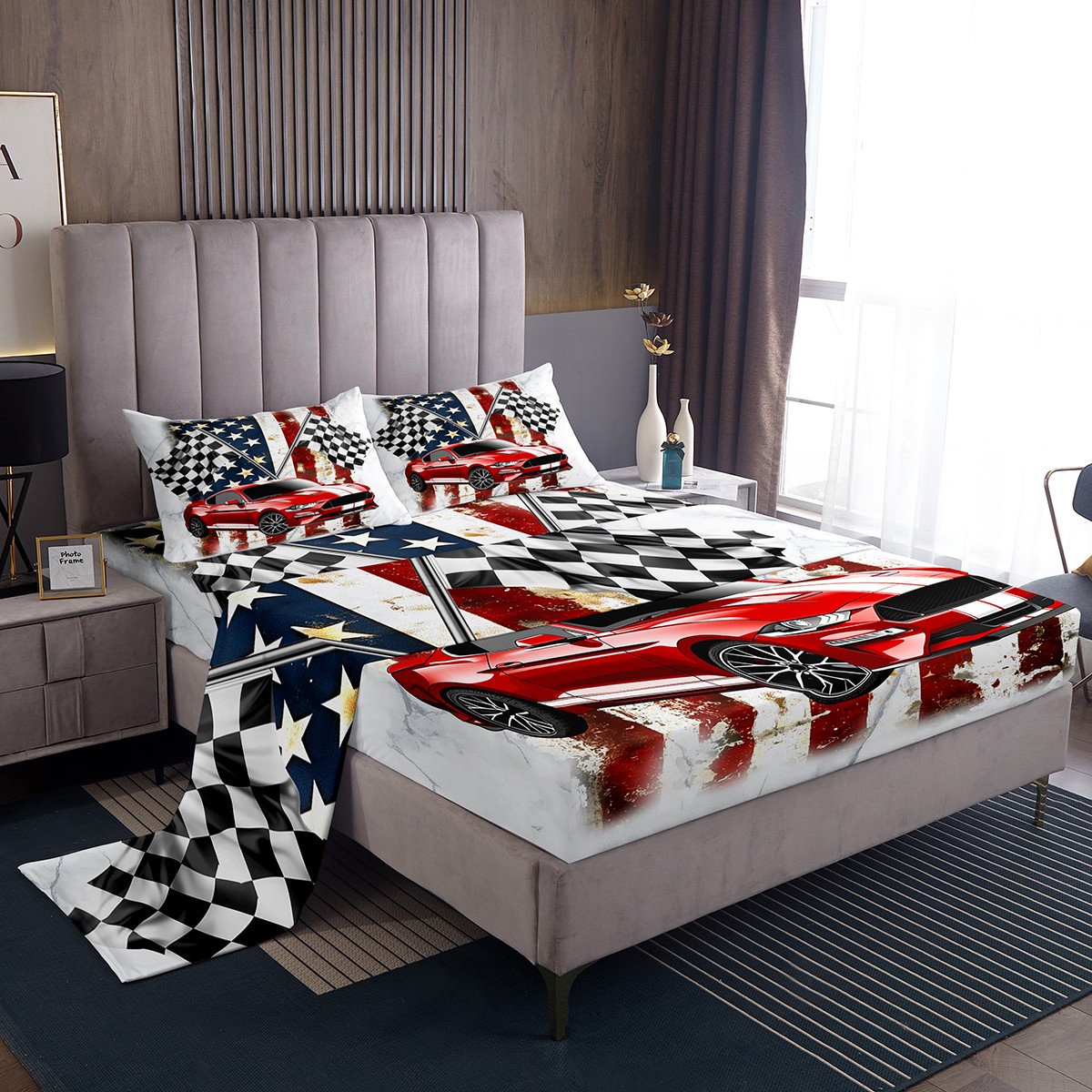 Red Race Car Bed Sheet Set 2 Pillowcases,Racing Flags Checker Grids ...