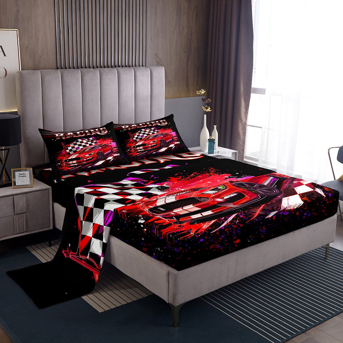 Red Race Car Bed Sheets Full Racing Car Sheet Set Teen Men,Black White ...