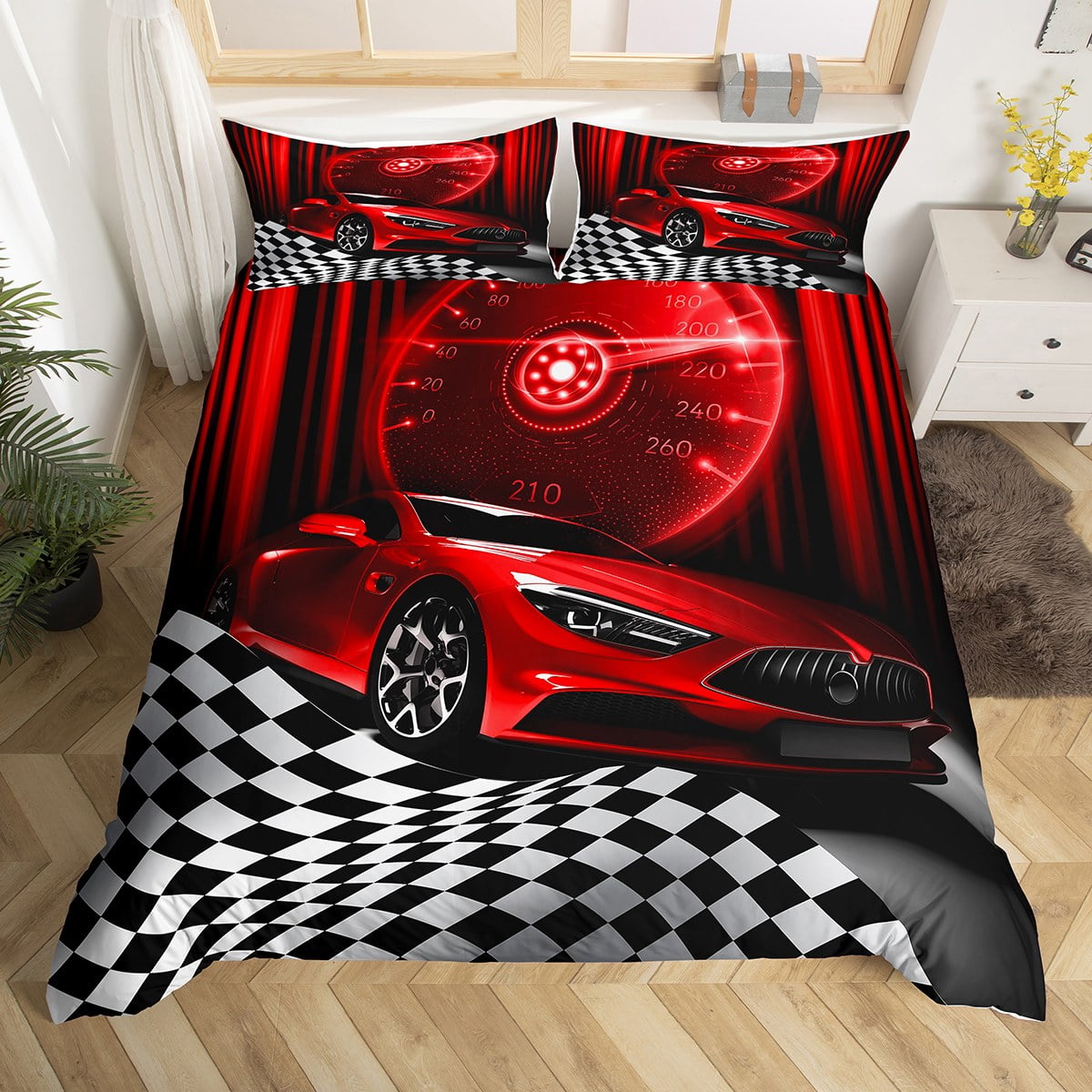 Red Race Car Bedding Sets for Teenage Boys,Glitter Ombre Line Art Duvet ...