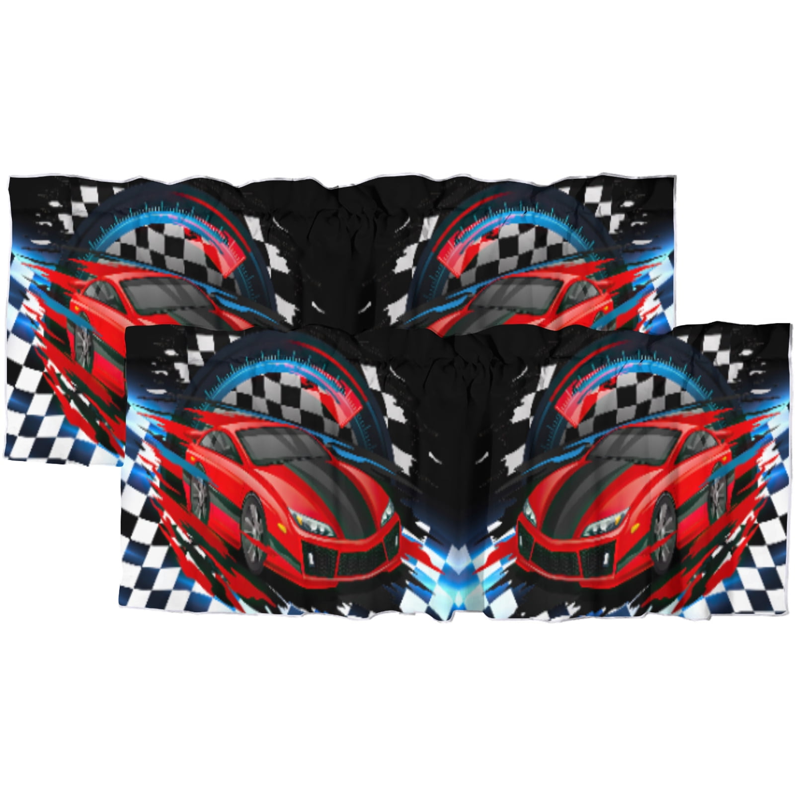 Red Race Car Blackout Curtain Valances Black White Plaid Extreme Sports ...