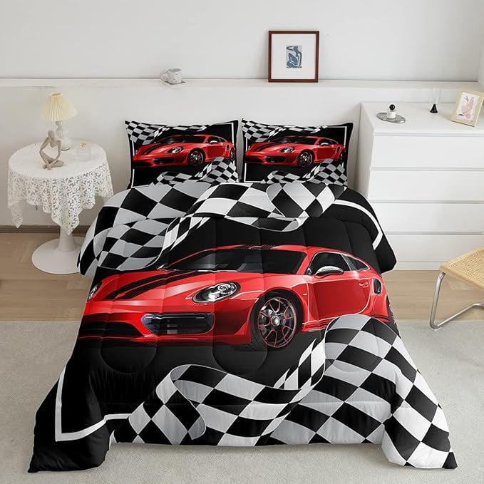 Red Race Car Comforter Set Full Size,Black White Lattice Bedding Set ...