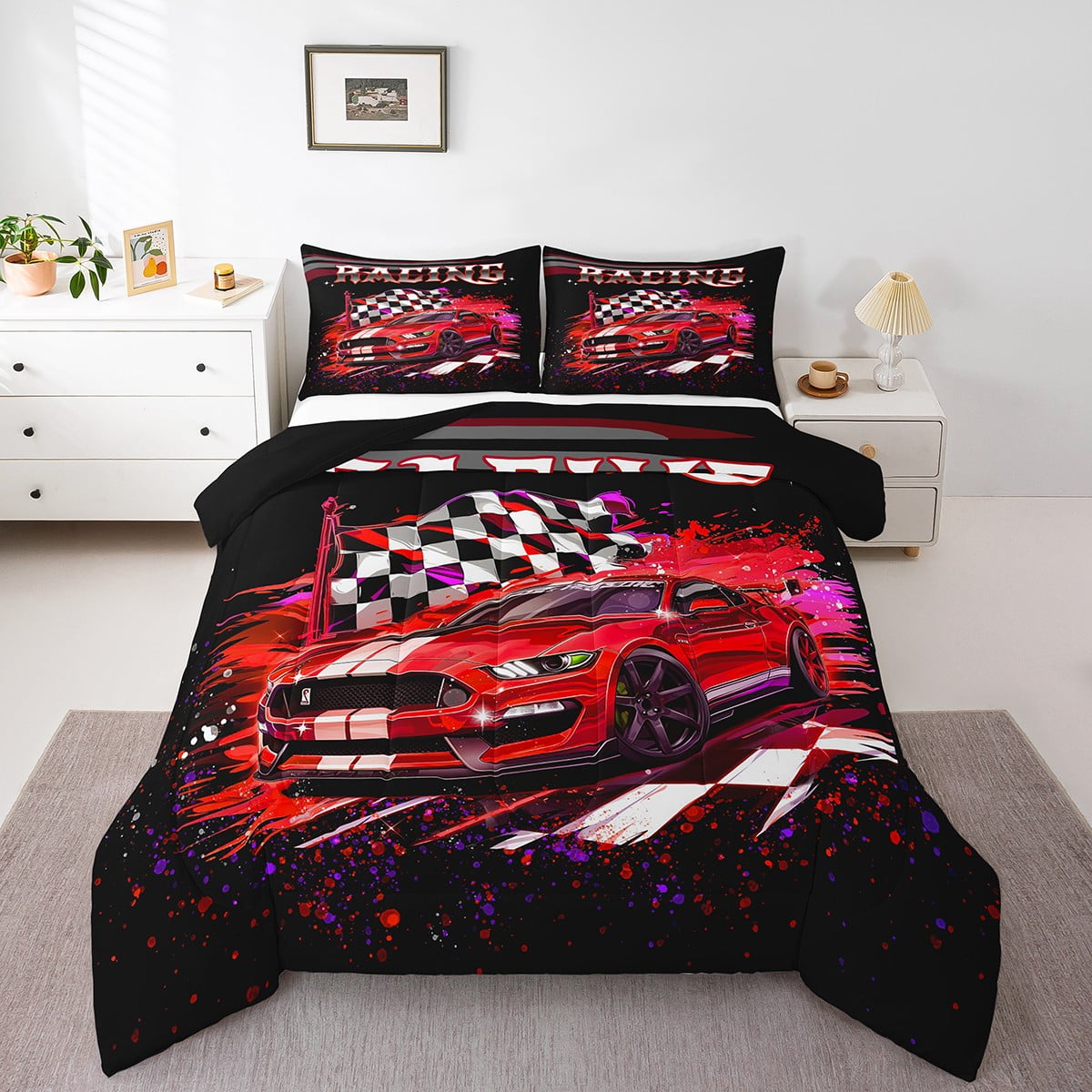 Red Race Car Comforter Set Racing Car Bedding Sets Teen Men,Black White ...