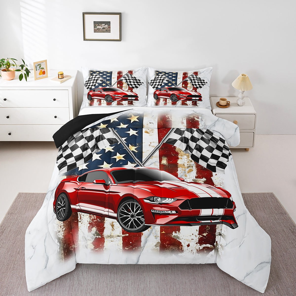 Red Race Car Comforter Set,Racing Flags Checker Grids Extreme Sports ...