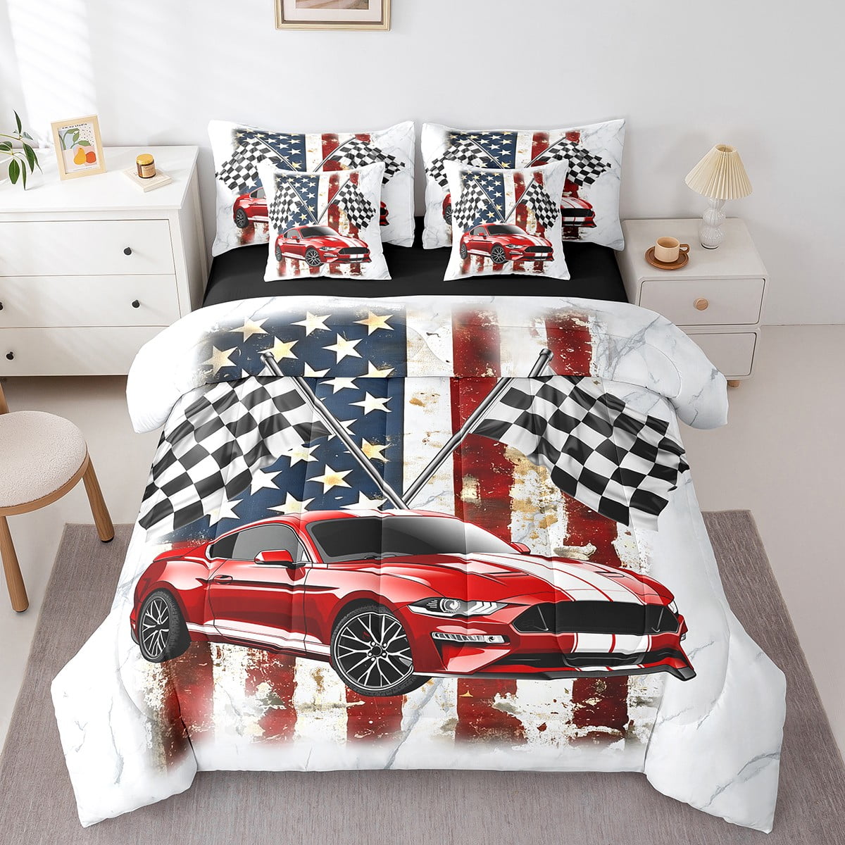 Red Race Car Comforter Set Twin,Racing Flags Checker Grids Extreme ...