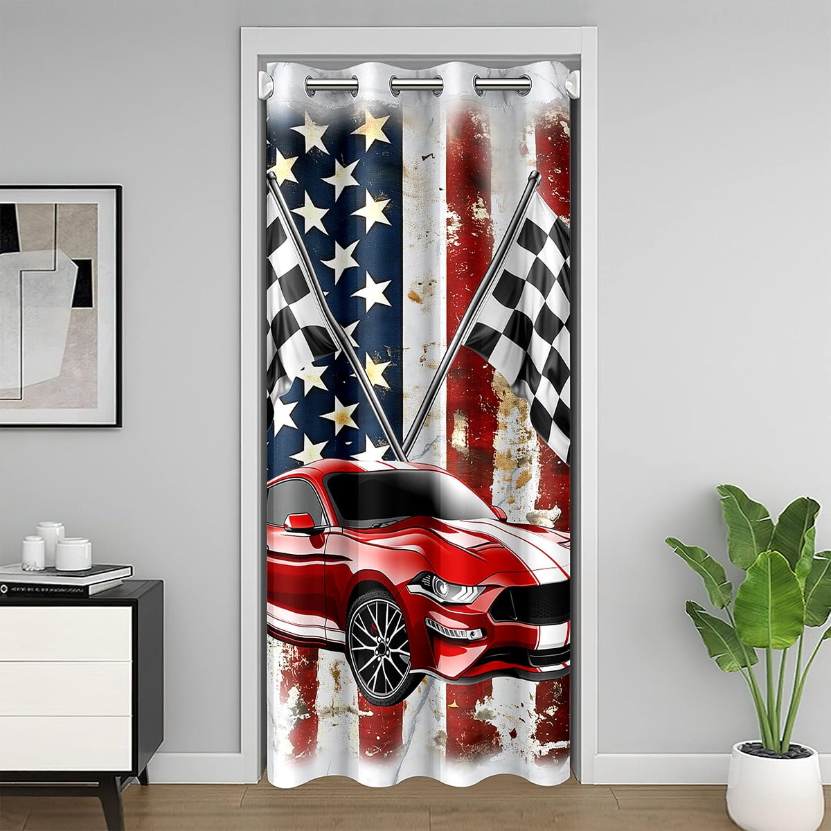 Red Race Car Doorway Curtain 1 Panel,Racing Flags Checker Grids Extreme ...