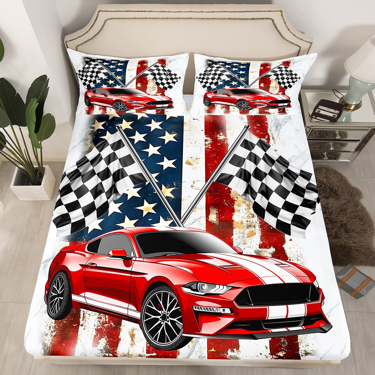 Red Race Car Fitted Sheet Twin Size,Racing Flags Checker Grids Extreme ...